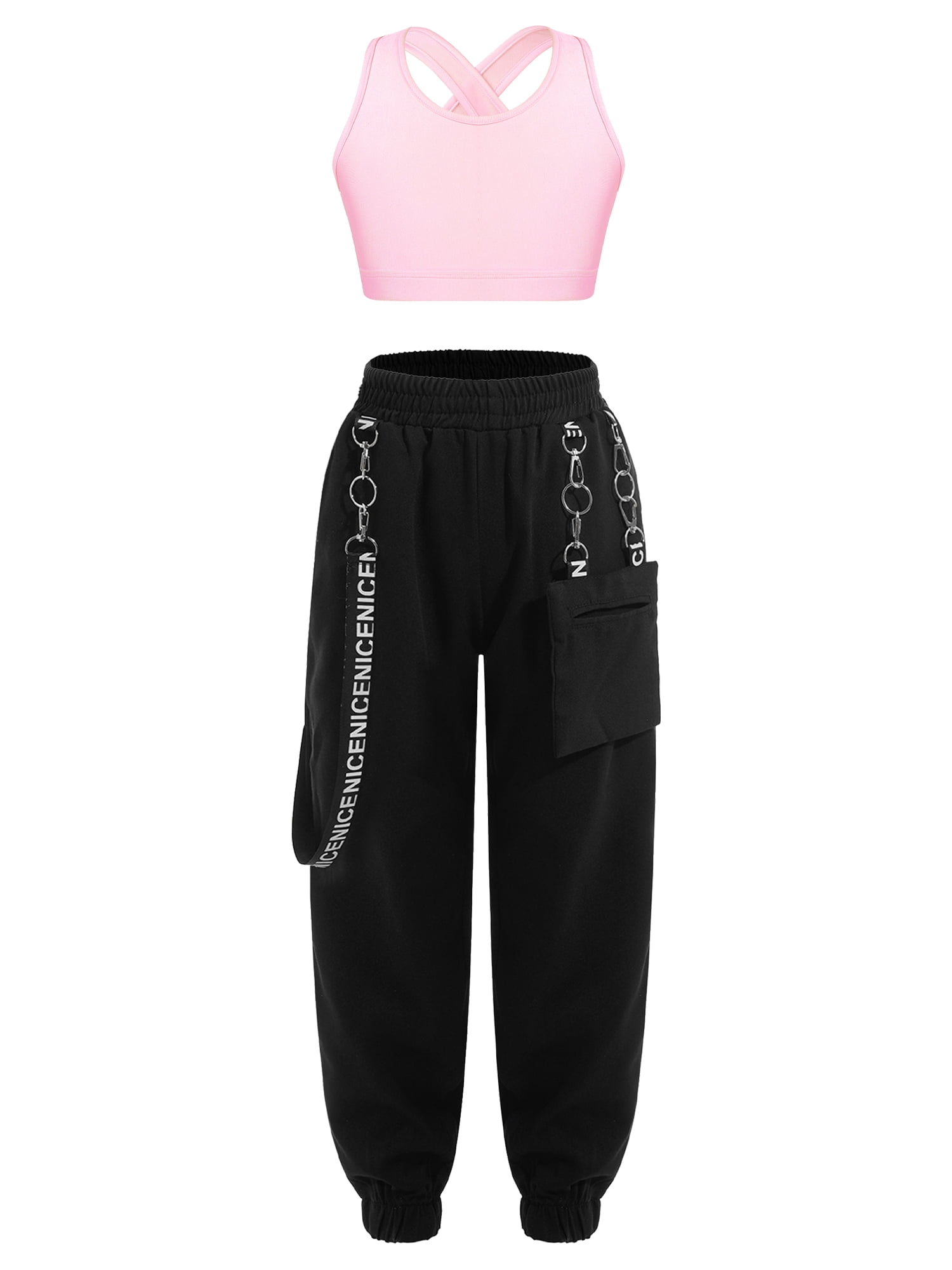 Sinleey Girls Hip Hop Dance Outfits Crop Tops with Chain Sweatpants Set ...
