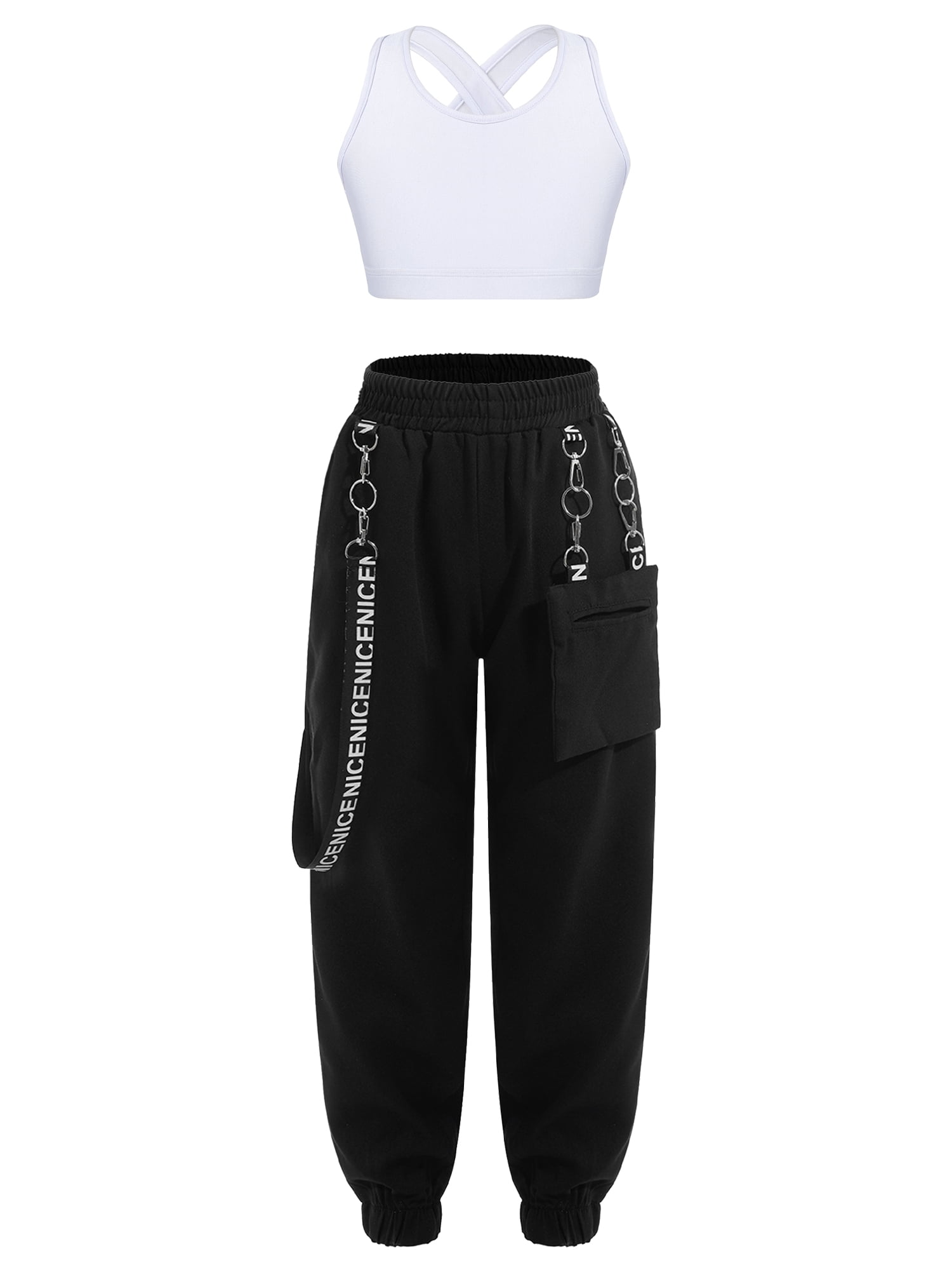 Sinleey Girls Hip Hop Dance Outfits Crop Tops with Chain Sweatpants Set ...