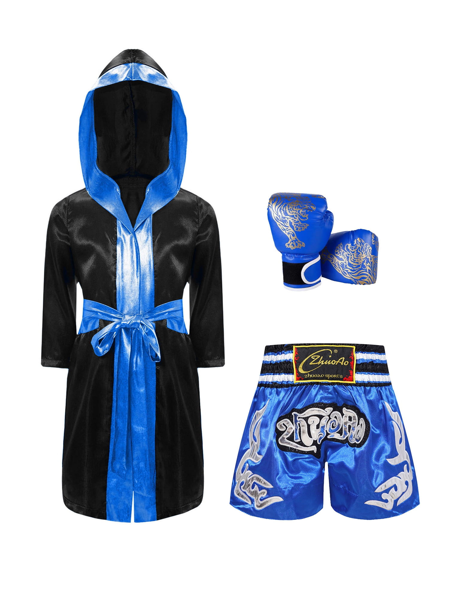 Sinleey Kids Boys Girls 3Pcs Boxing Suit Satin Hooded Boxing Robes with ...