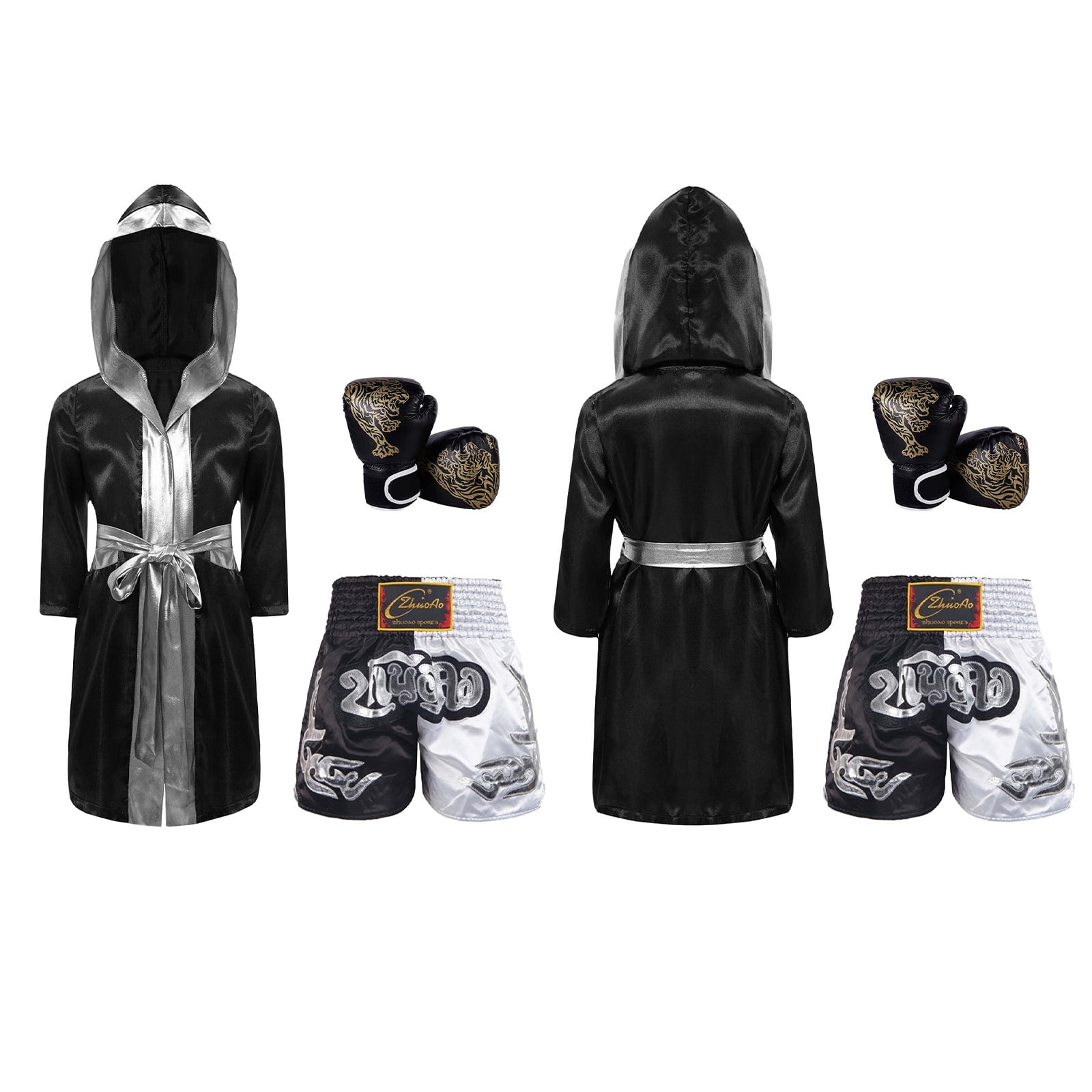 Sinleey Kids Boys Girls 3Pcs Boxing Suit Satin Hooded Boxing Robes with ...