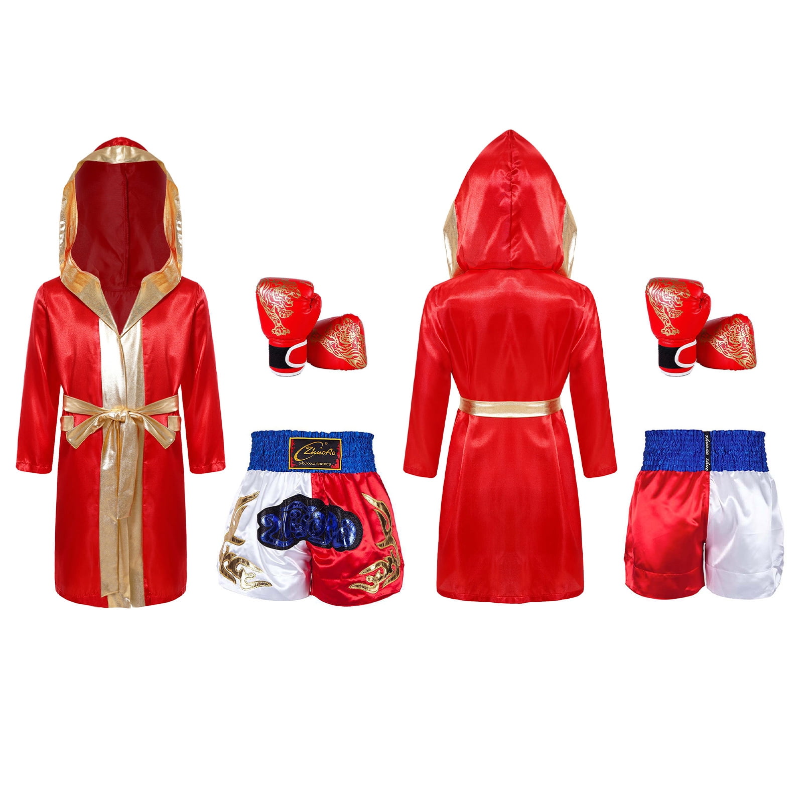 Sinleey Kids Boys Girls 3Pcs Boxing Suit Satin Hooded Boxing Robes with ...