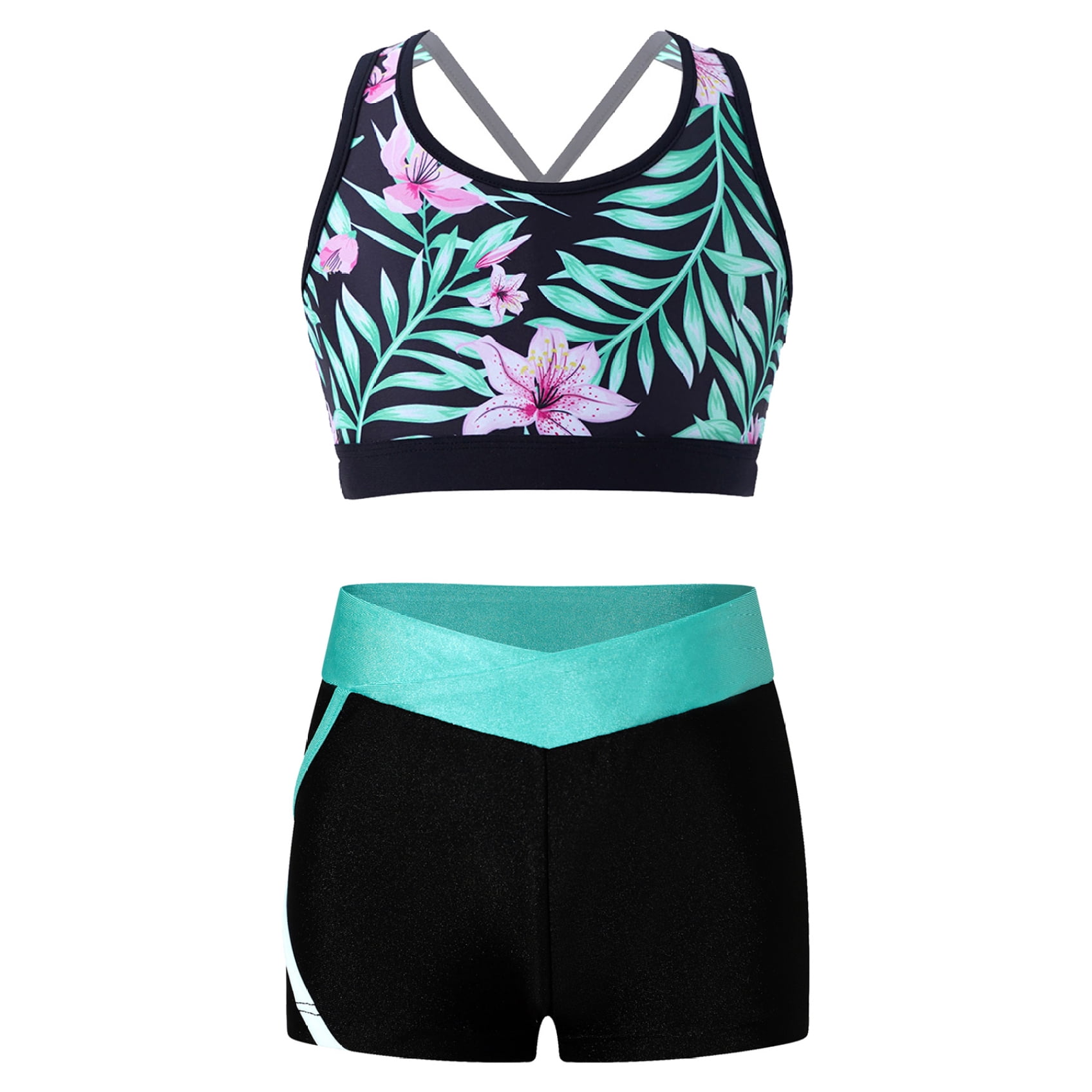 Sinleey Kids Girls Dance Sport Outfits Gymnastics Crop Top with Booty ...