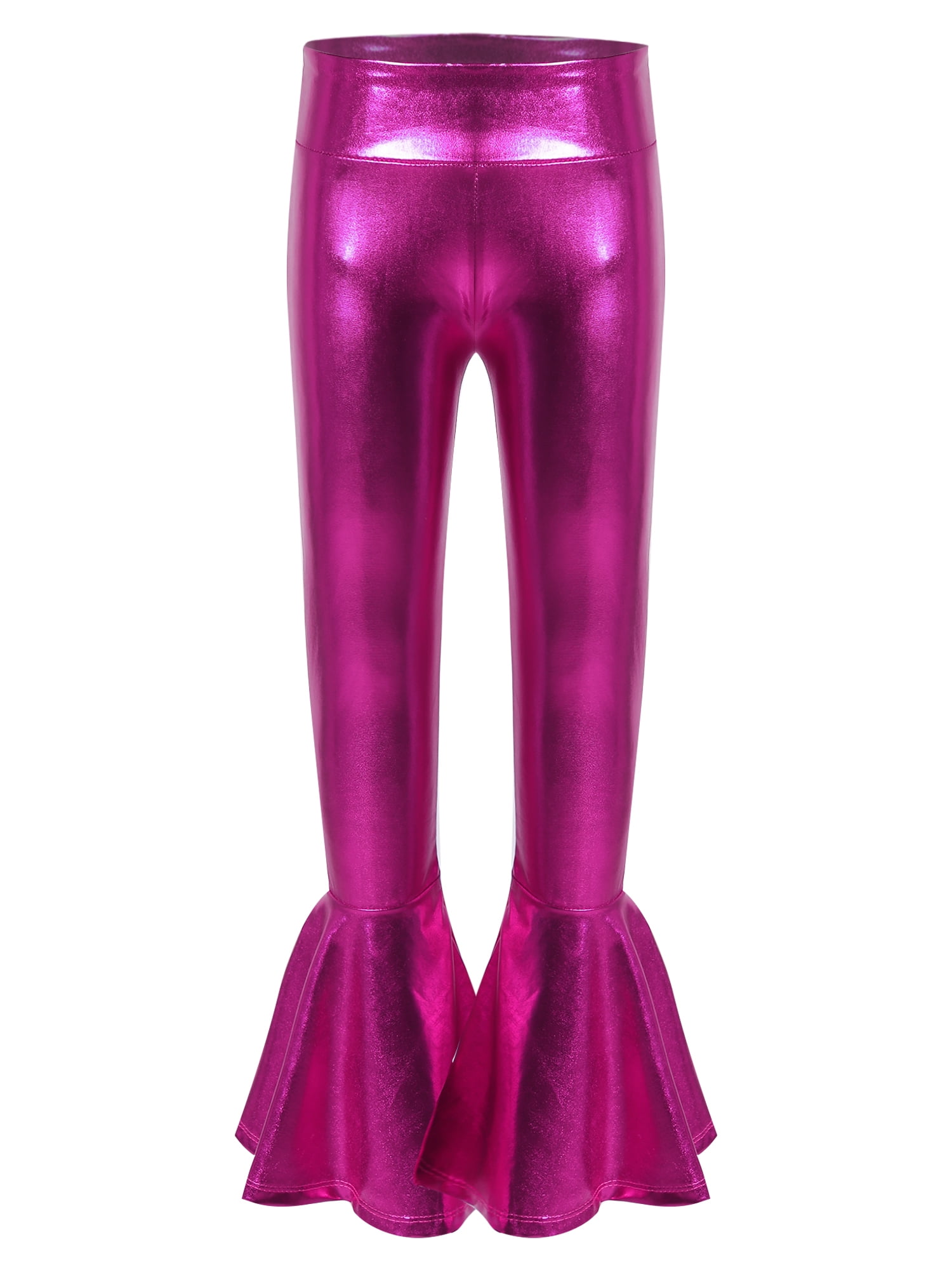 Sinleey Kids Girls Elastic Waist Flare Shiny Leggings Trousers Metallic ...
