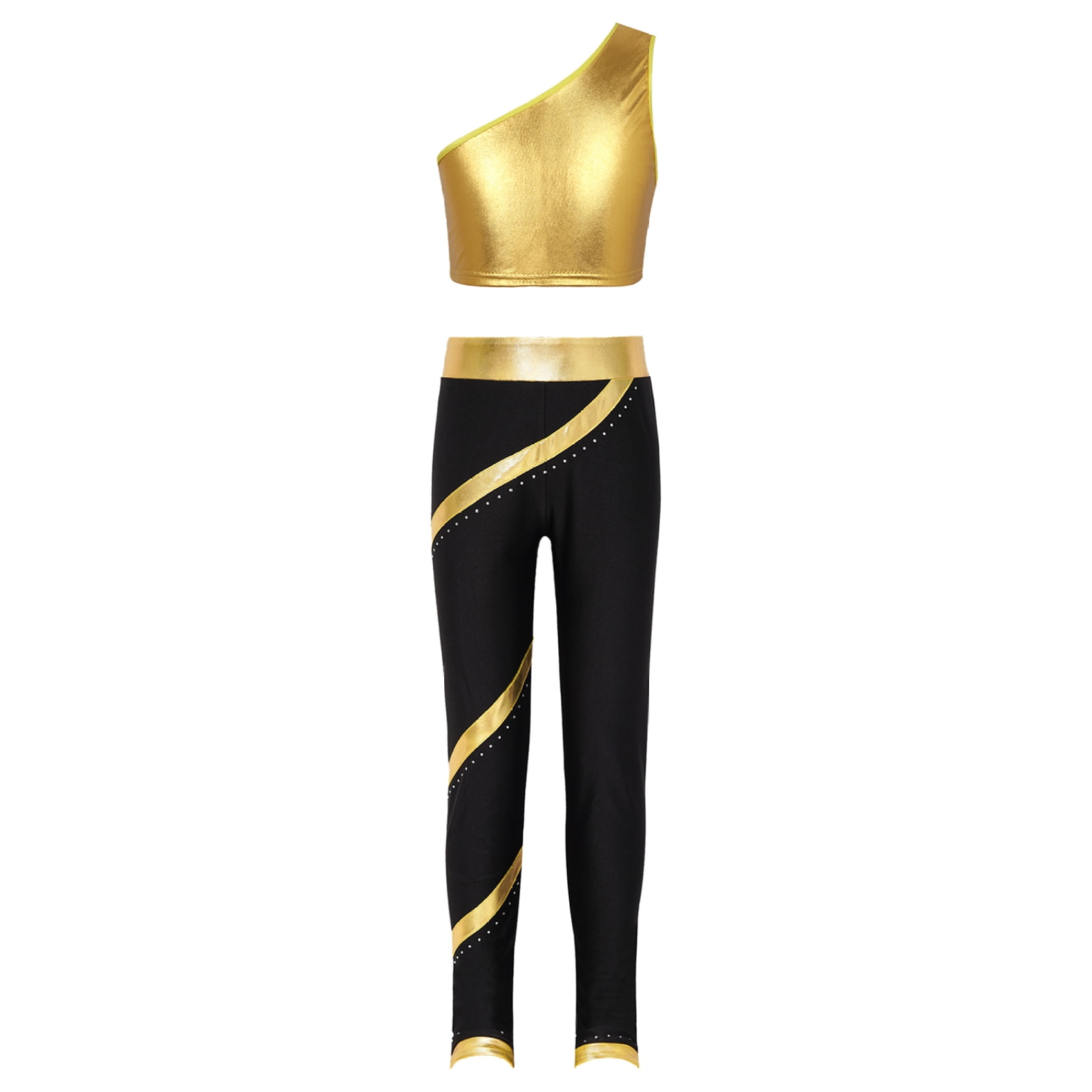 Sinleey Kids Girls Gymnastic Outfits One Shoulder Metallic Crop Top ...