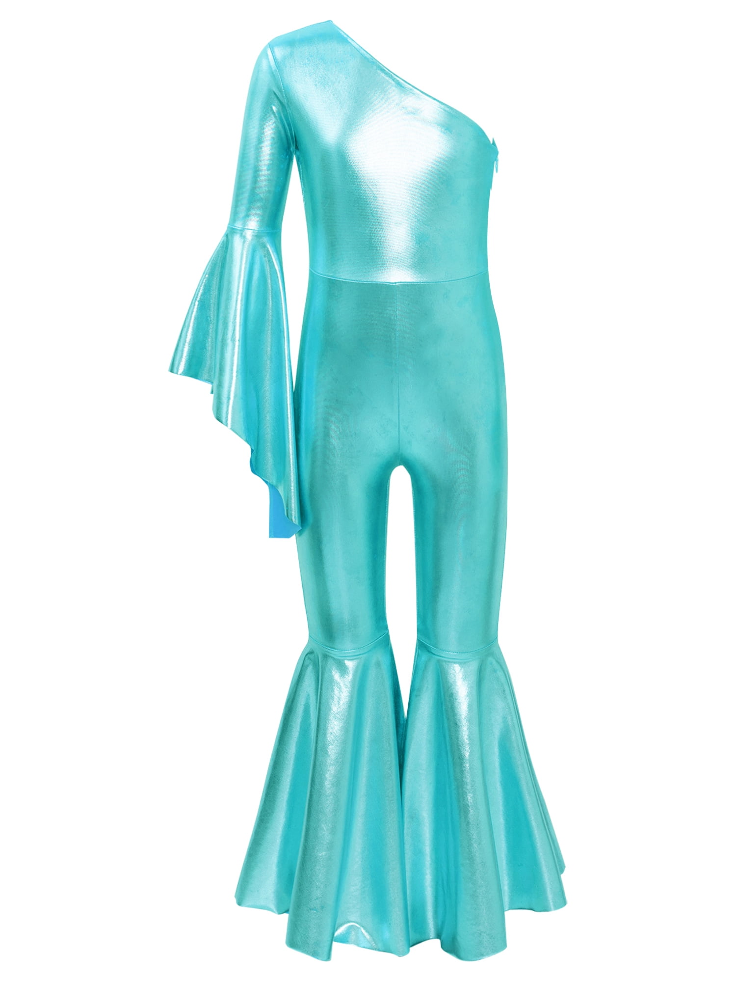 Sinleey Kids Girls Shiny Metallic One Shoulder Flare Sleeve Dance ...