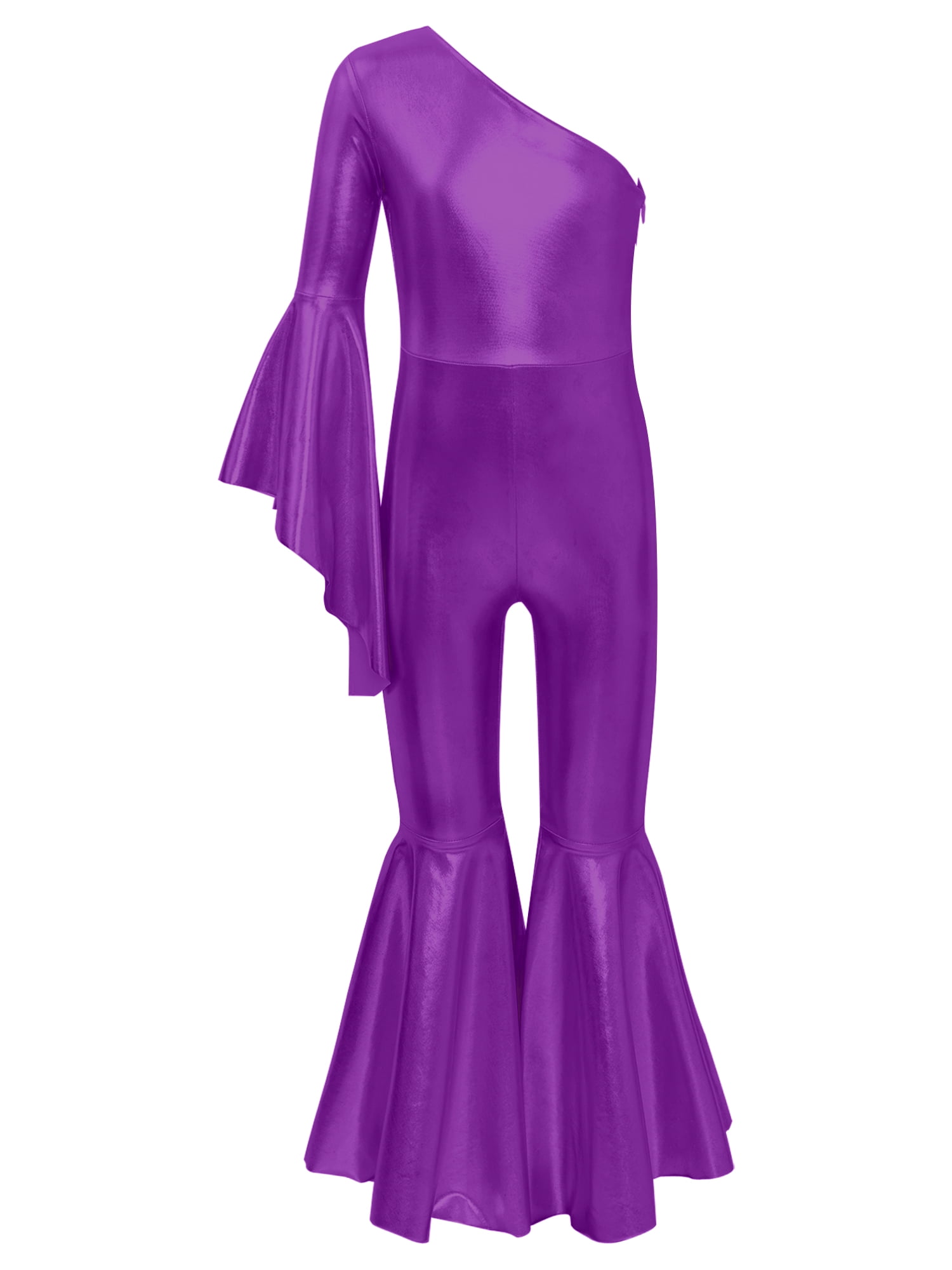 Sinleey Kids Girls Shiny Metallic One Shoulder Flare Sleeve Dance ...