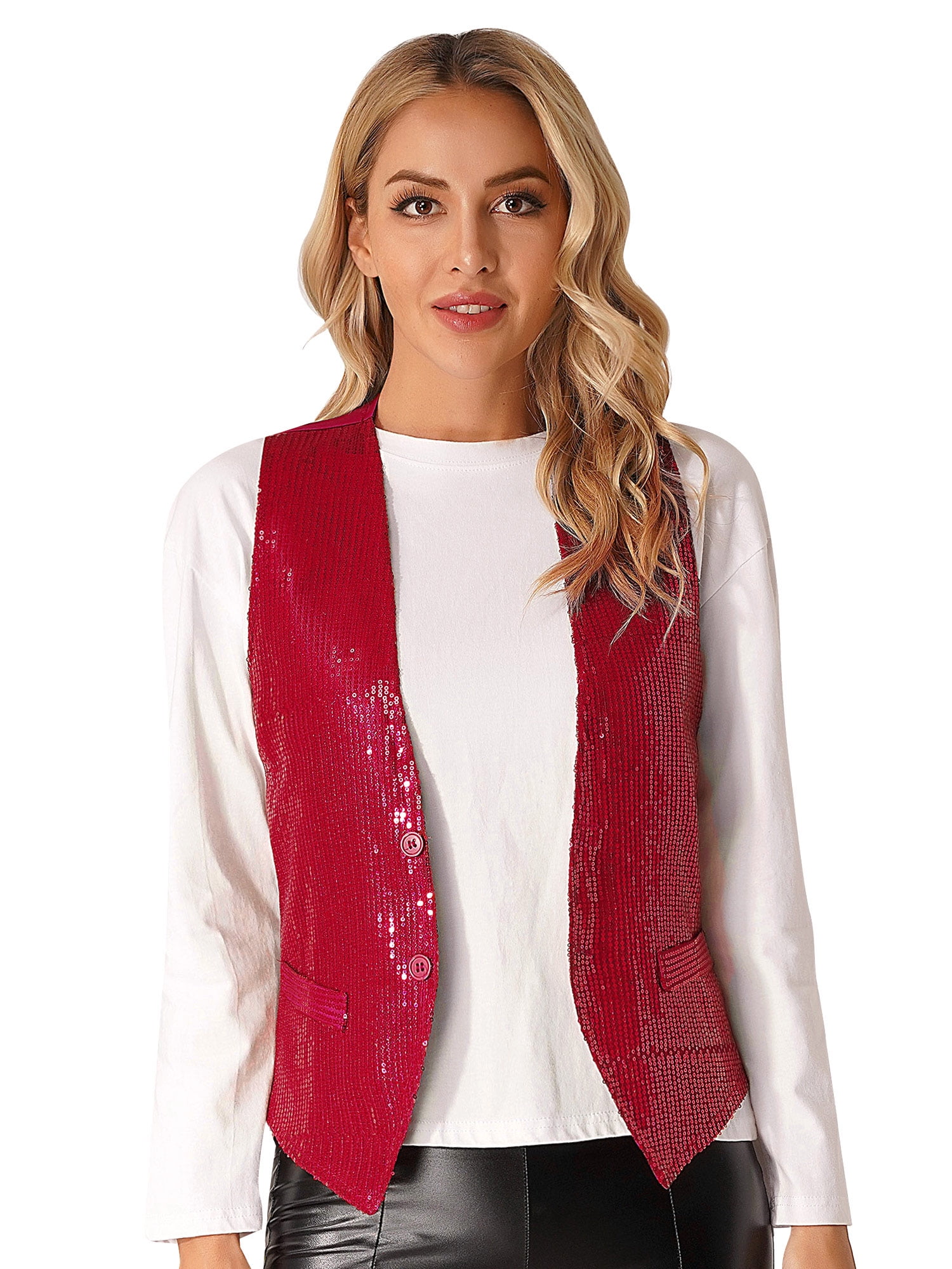 Sinleey Unisex Men Women Disco Dance Waistcoat Shiny Sequin Performance ...