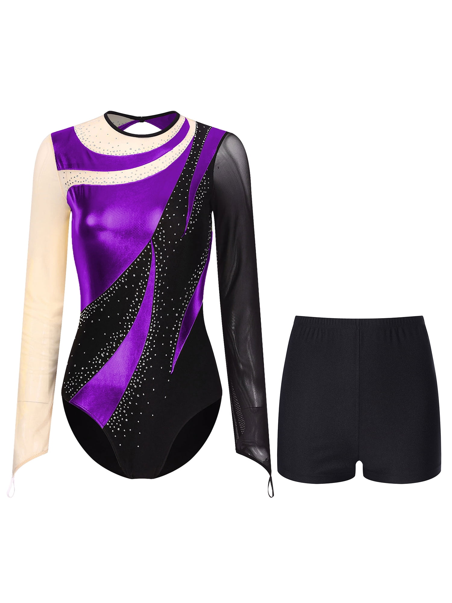 Sinleey Women Metallic Gymnastics Bodysuit With Shorts Rhythmic ...