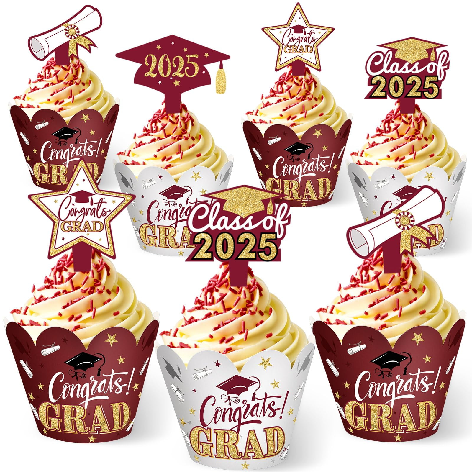 Sinmoe 96 Pieces 2025 Graduation Cupcake RST1 Toppers Wrappers Grad ...