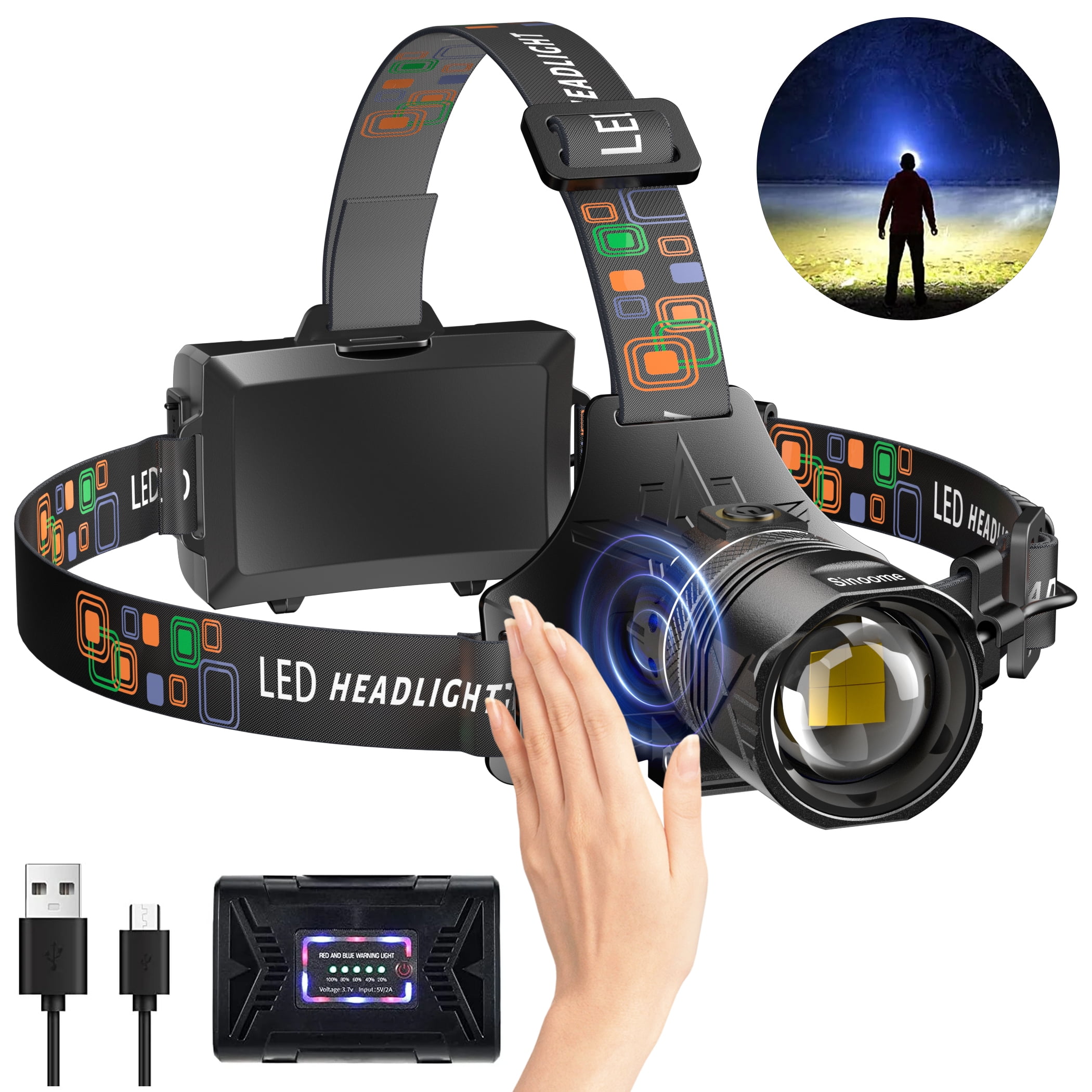 Sinoome LED Rechargeable Headlamp, Headlight 90000 Lumens Super Bright ...