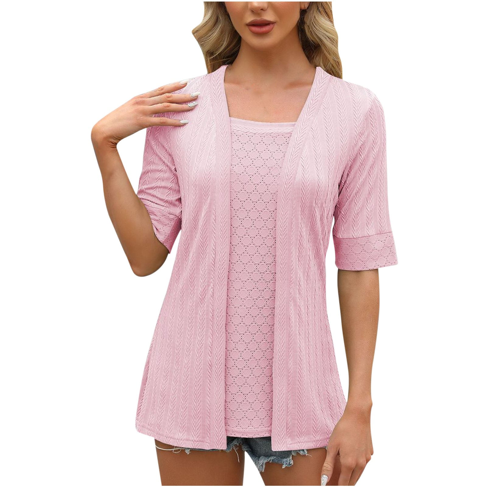 Sinpiling Womens Eyelet Tops Casual Splice Fake Two-Piece Short Sleeve ...