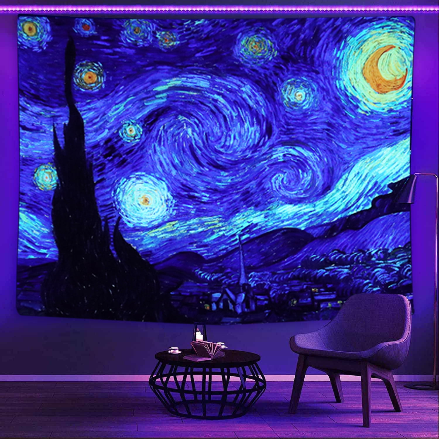 Sinsoledad Blacklight Tapestry Classical Starry Night UV Reactive Wall Art Black Light Poster ...