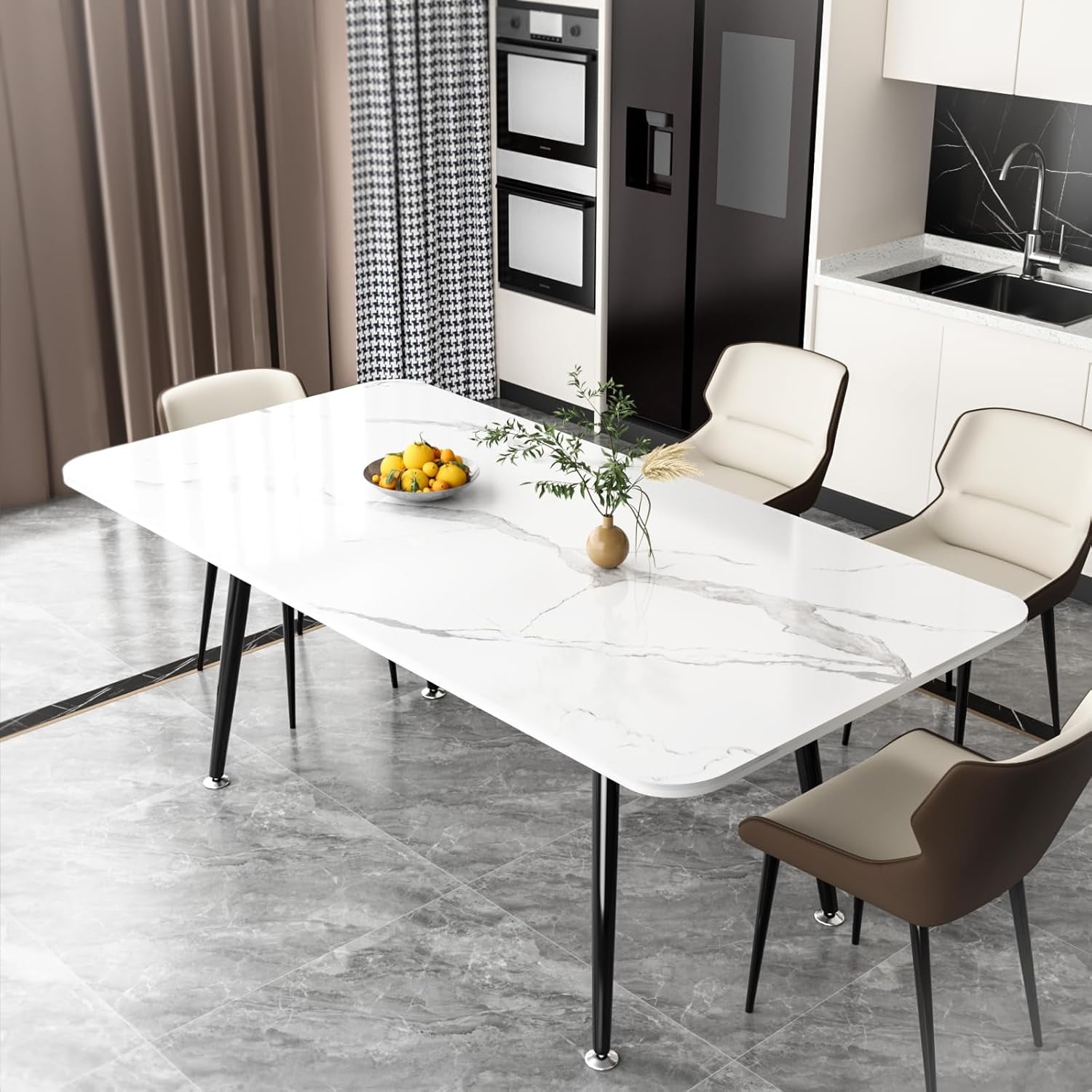Sintered Stone Dining Table, Modern White Rectangular Kitchen Table ...