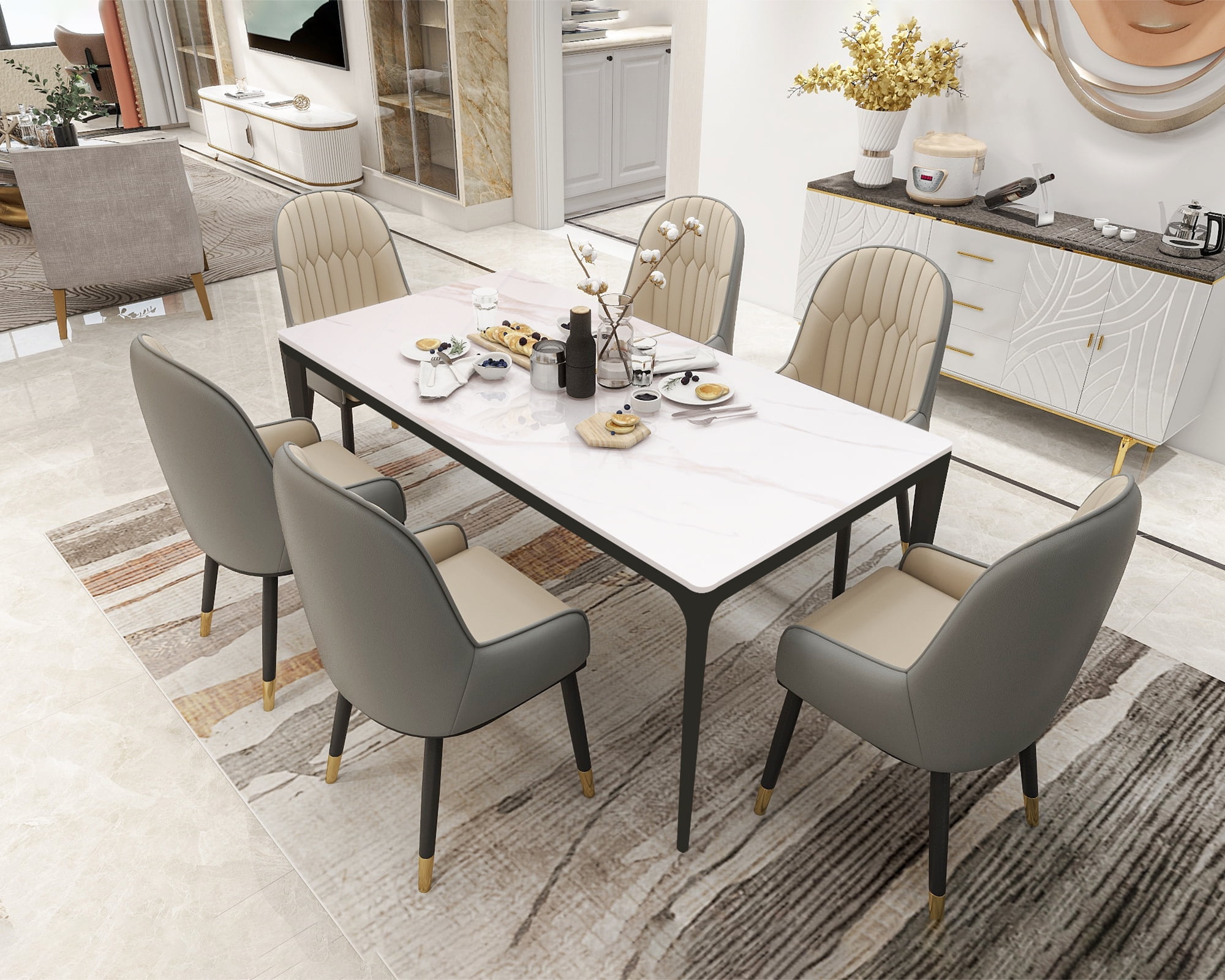 Sintered Stone Dining Table, Rectangular 63"Kitchen Table with Slate ...