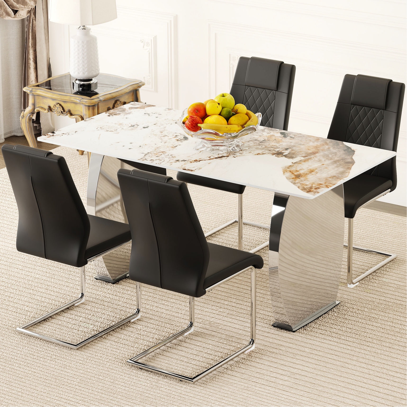 Sintered Stone Dining Table Set with 4 Black Chairs, 63*31.4 Inch ...