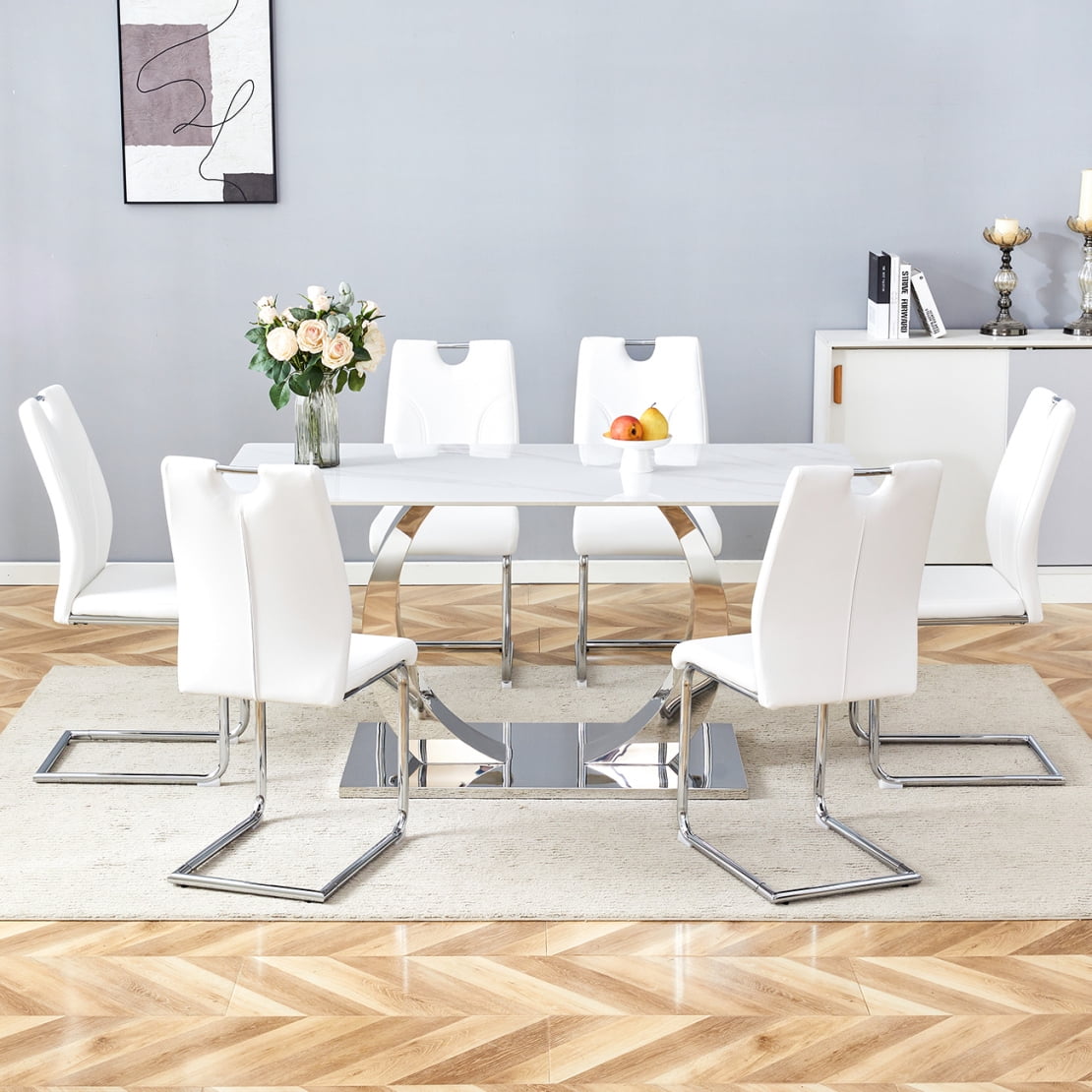 Sintered Stone Dining Table Set with 6 White Chairs and Silver Metal ...