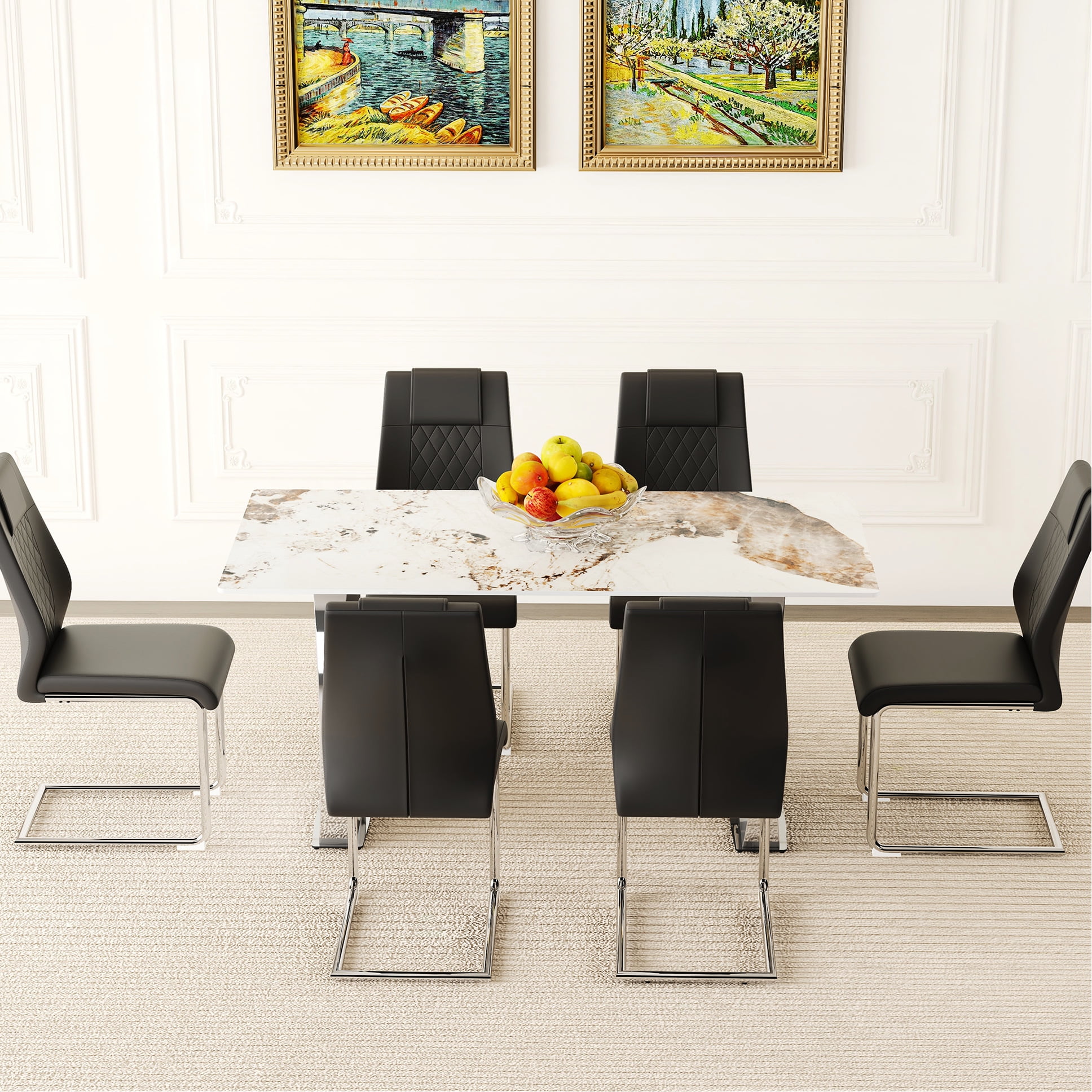 Sintered Stone Dining Table With 6 Black Chairs And Silver Legs ...
