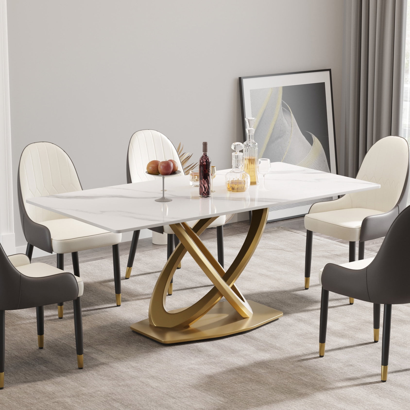 Sintered Stone Dining Table with Double - Ring Base and 70.84" Length ...
