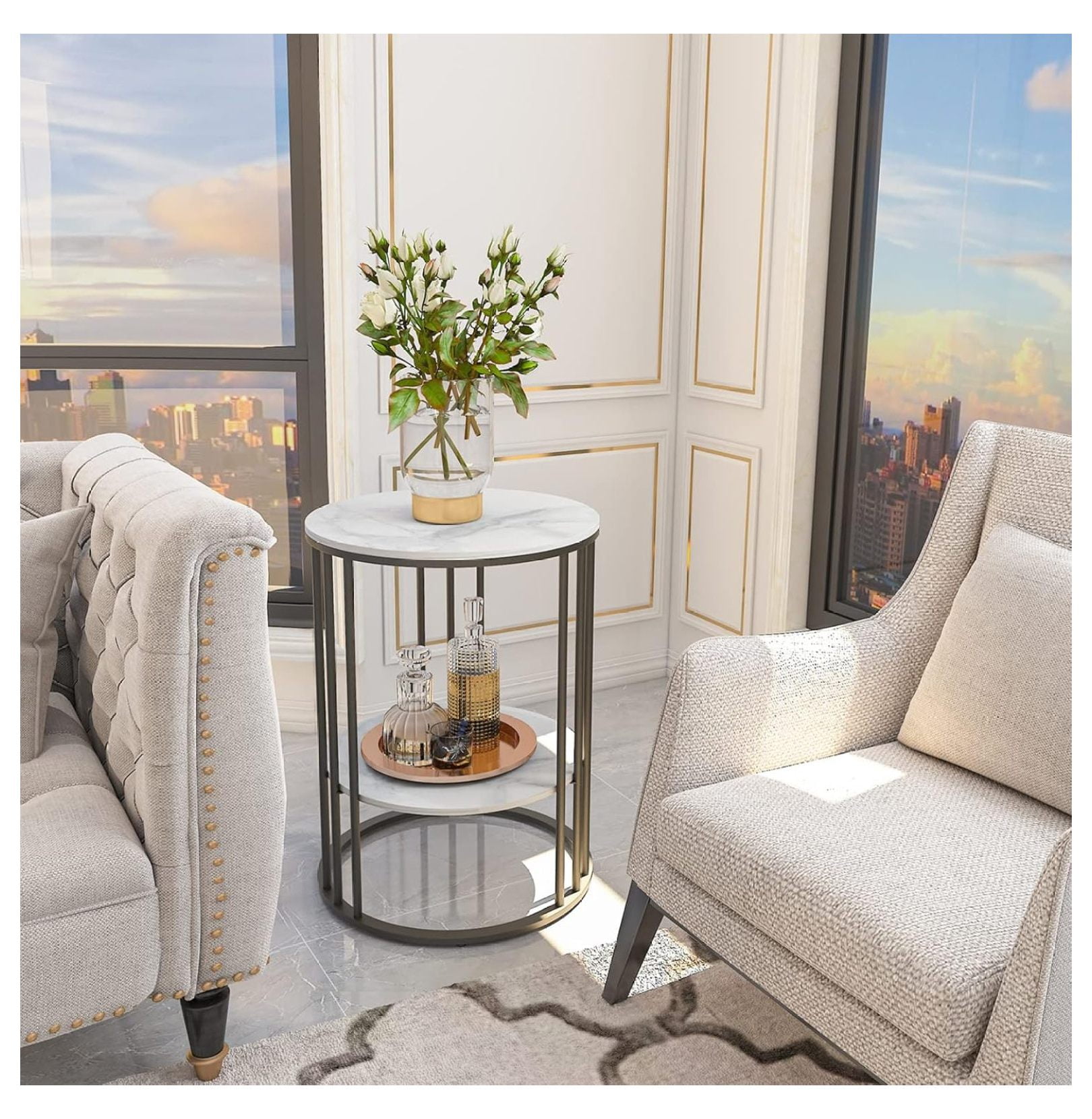 Sintered Stone End Table: 2 Tier Round White Sofa Side Table - Small ...