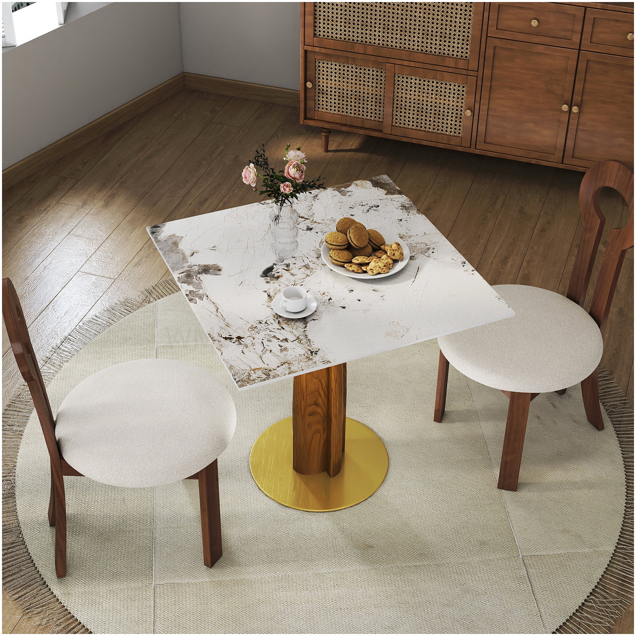 Sintered Stone Kitchen Table with Gold Base, 33.5" Square Dining Table ...