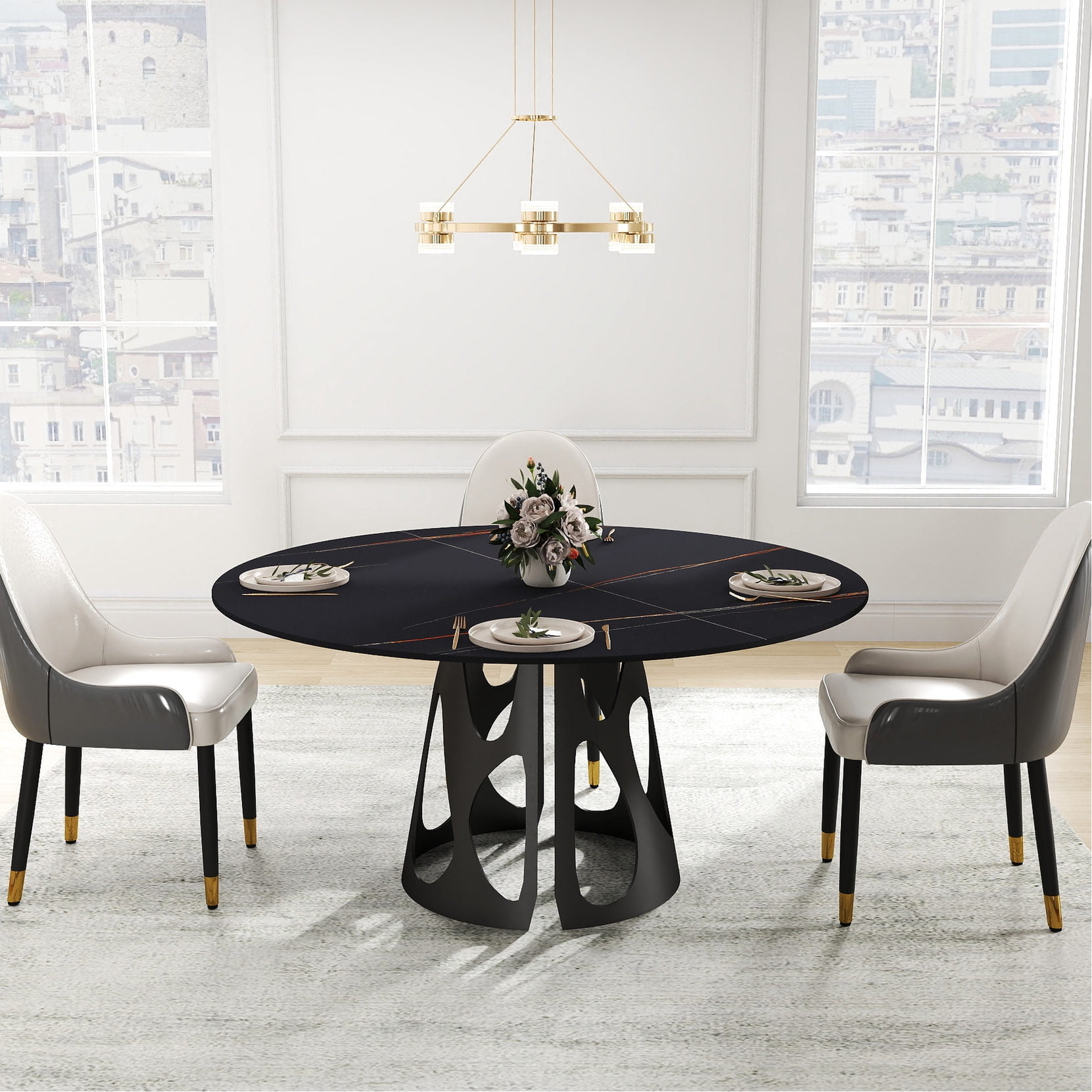 Sintered Stone Round Dining Table with Black Iron Base | Used in Dining ...
