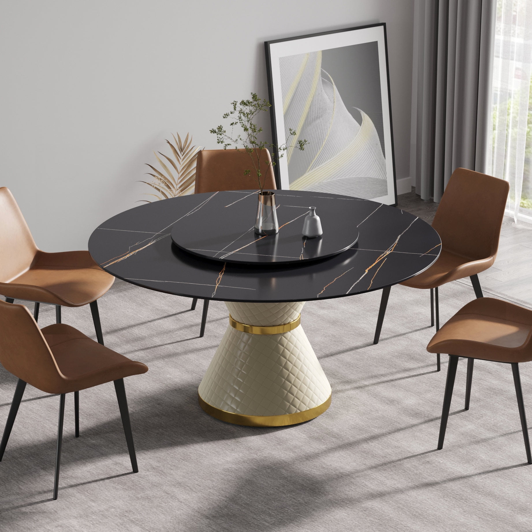 Sintered Stone Round Dining Table | Can Hold 6 People with a Rotatable Disk | Natural Materials ...