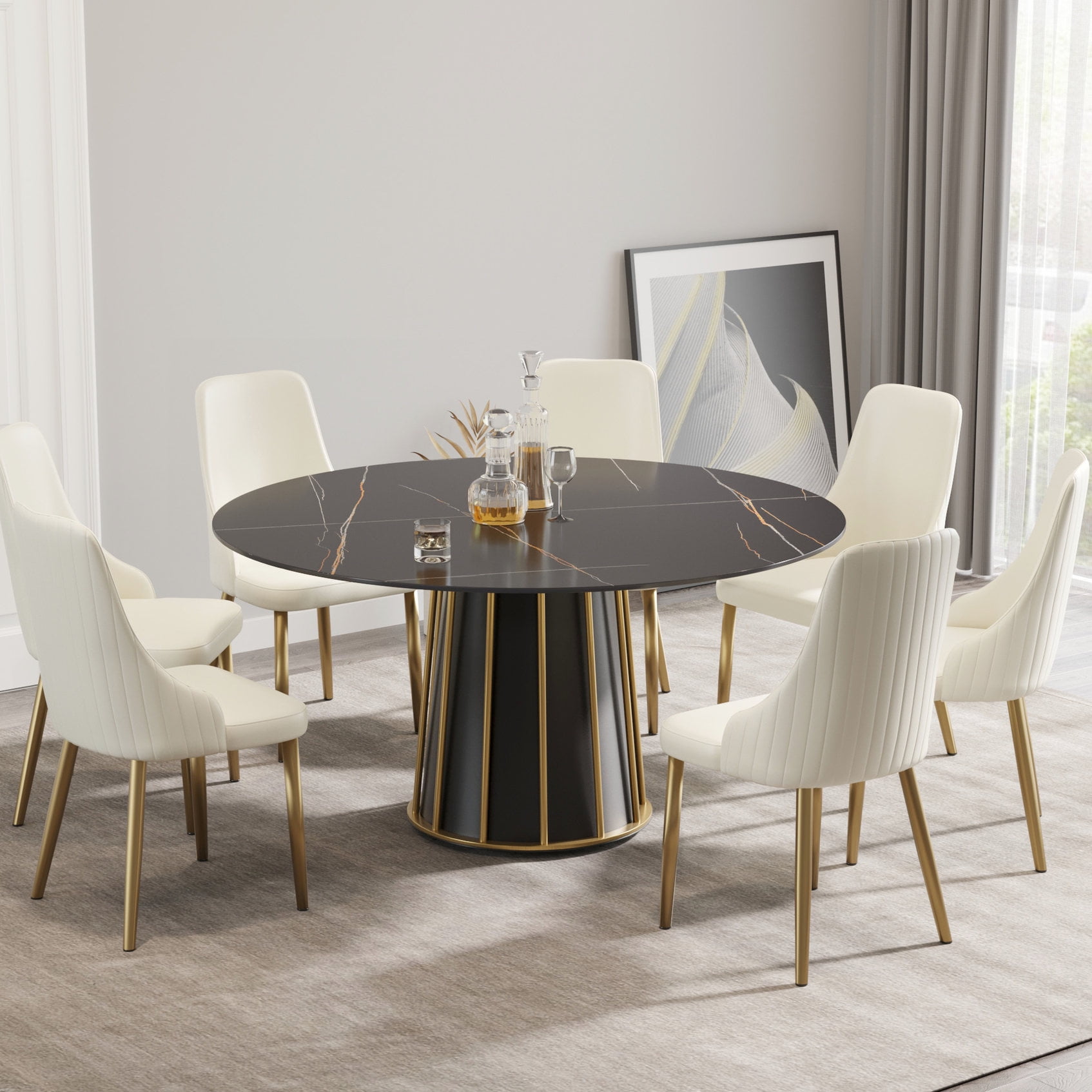 Sintered Stone Round Dining Table for 8 / Black Base, High Temperature ...