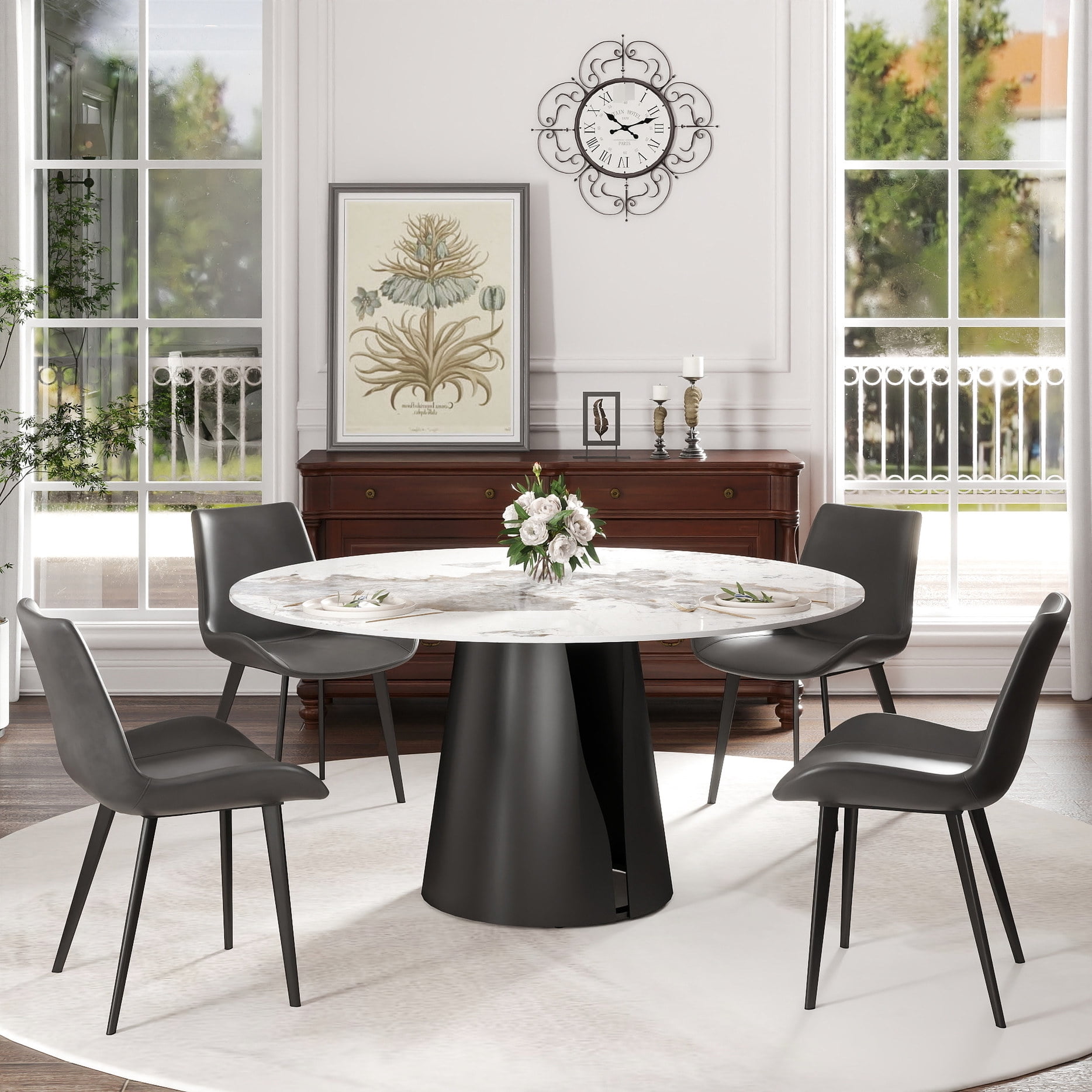Sintered Stone Round Table - 59.05" Size, Black Iron Base, Seats 8 ...