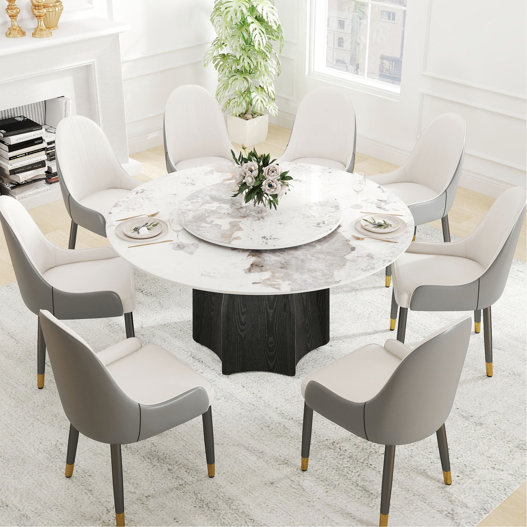 Sintered Stone Round Table with Oak Base & Rotatable Disk | Dining Room ...
