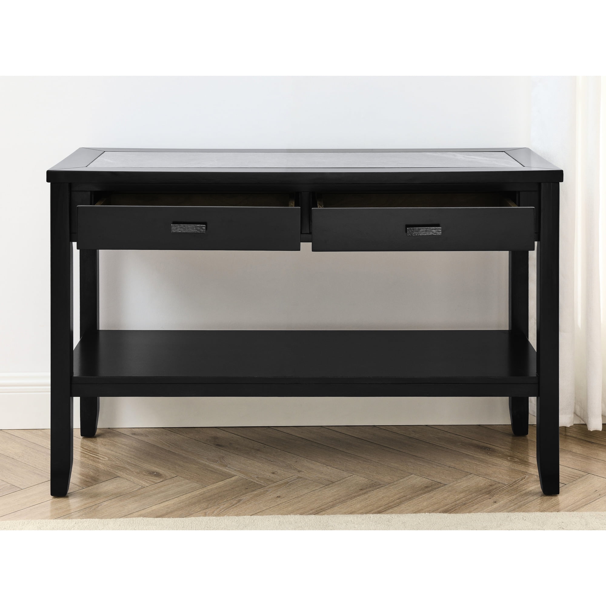 Sintered Stone Table In Black - Scratch Hand-stained Wood Drawers And ...