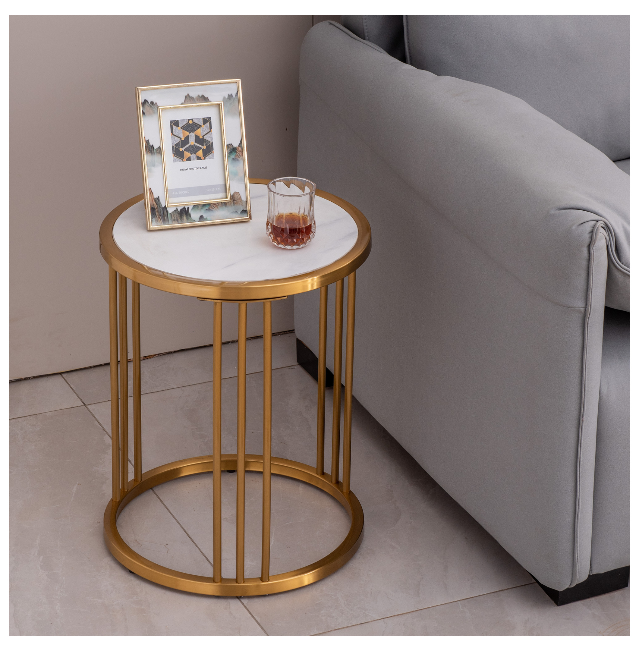 Sintered stone round side/end table with golden stainless steel frame ...