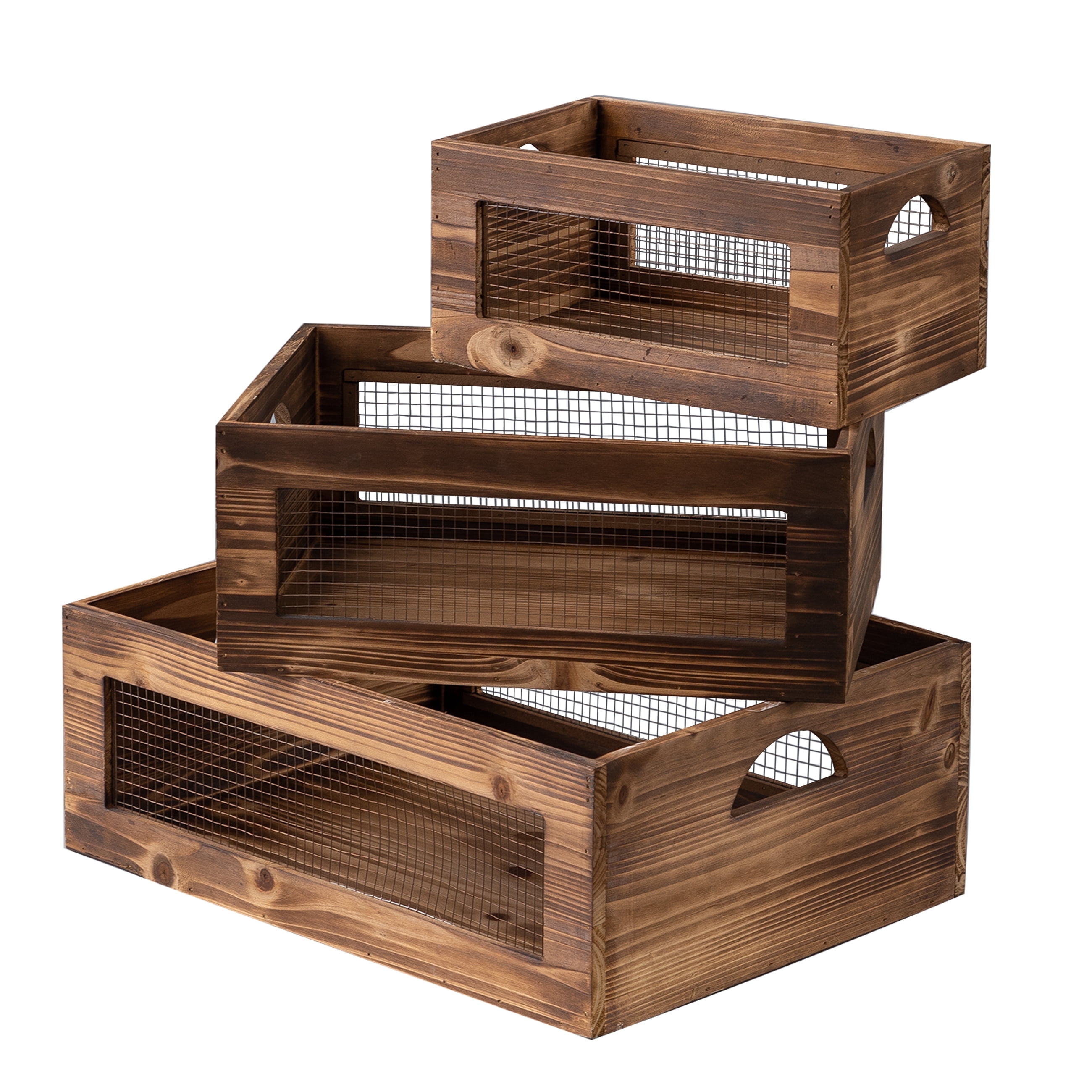 Sintosin Farmhouse Distressed Wood Storage Crates with Handles Set of 3 ...