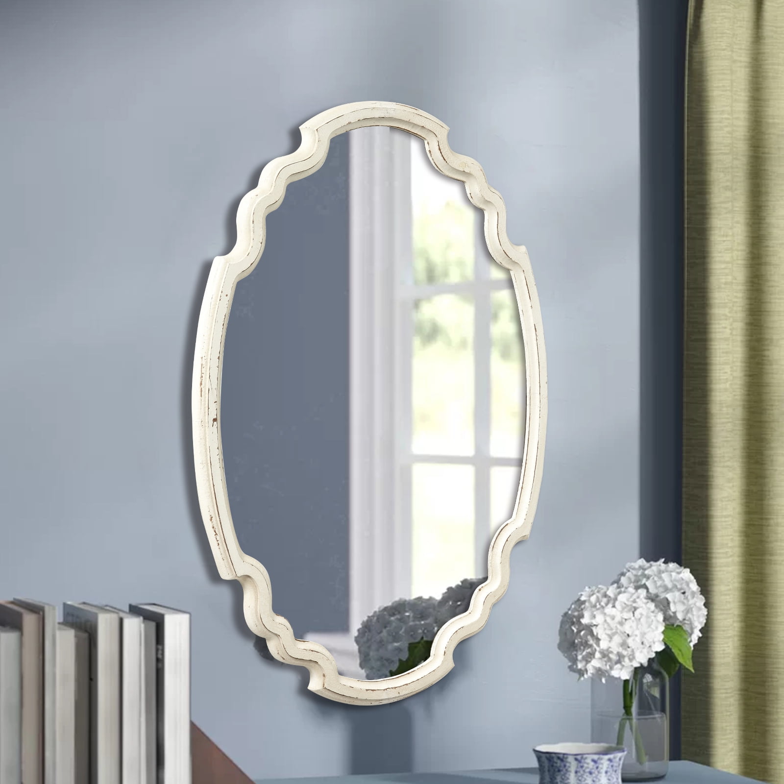 "Sintosin Antique Oval Mirror, Rustic Distressed White, Vintage Wood ...