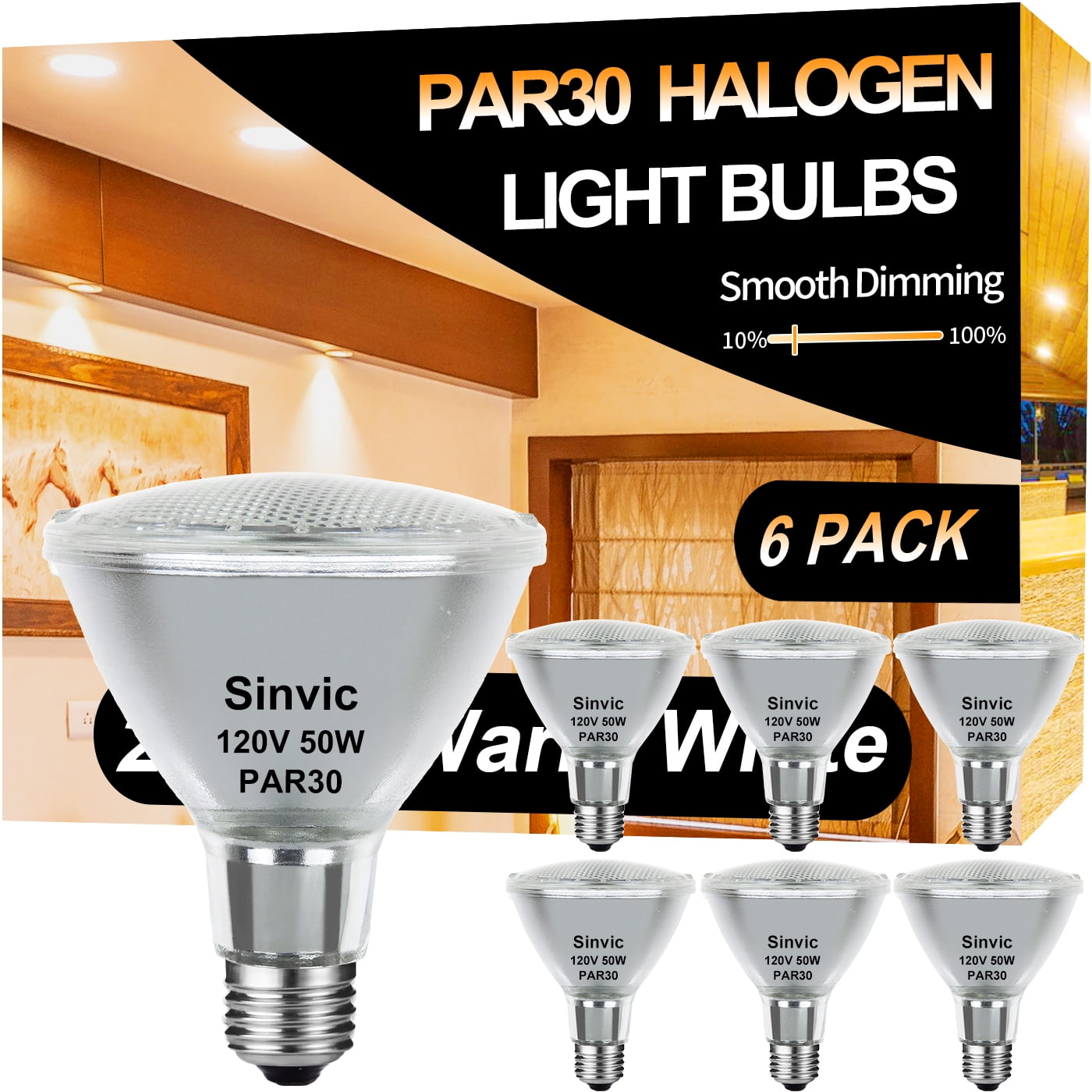 Sinvic PAR30 Long Neck Halogen 50W 120V, 6 Pack High Output 700LM PAR30 Flood Light, PAR30 ...