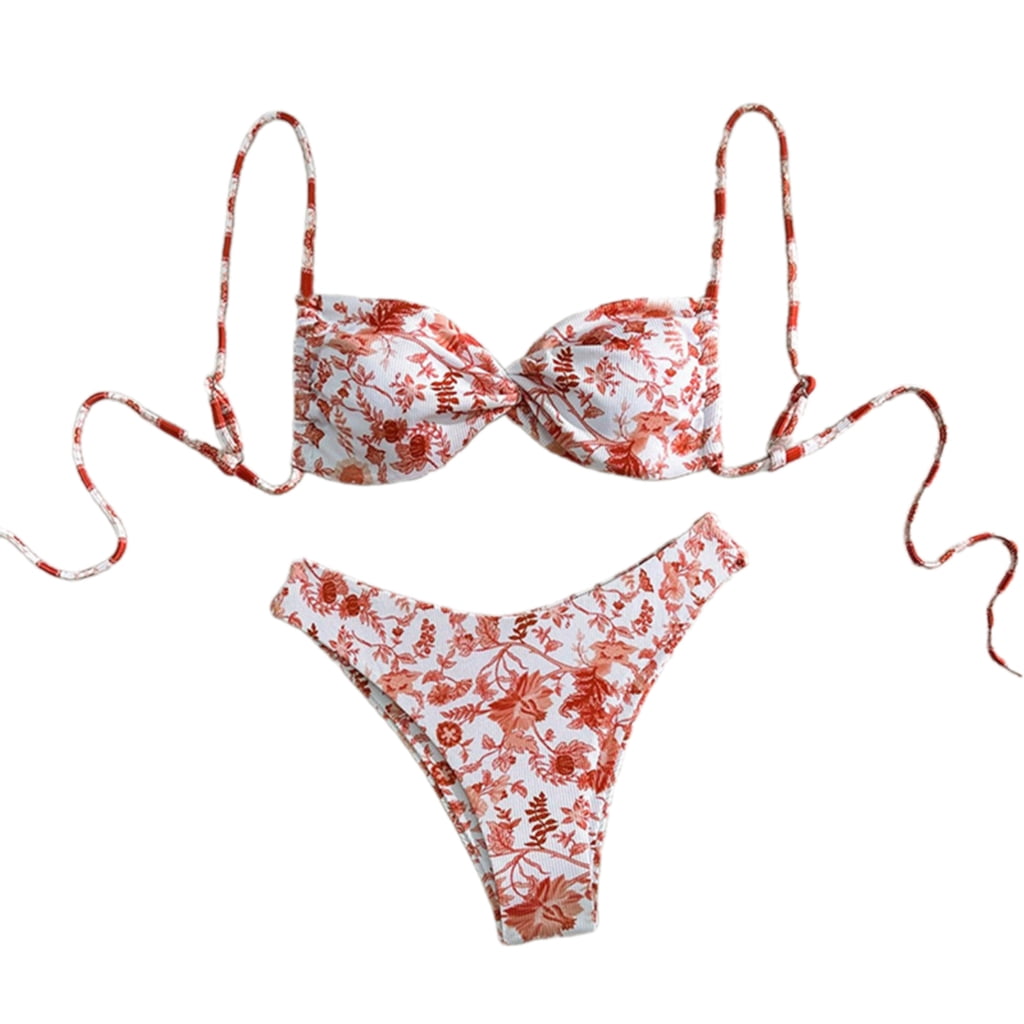 Sinyiin Women Bathing Suit Flower Print Swimwear Two Pcs Split Swimsuit ...