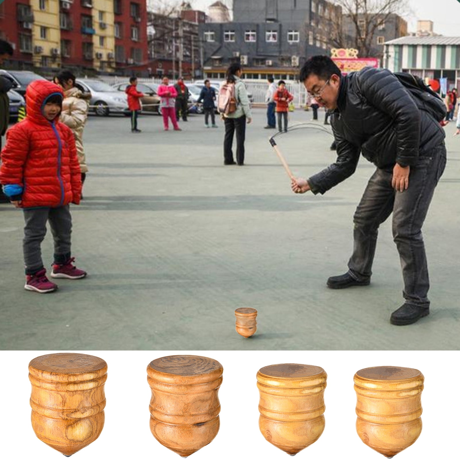 Sioweci 1 Set Wooden Spinning Top Toy with Whip Rope Kids Teens Adults ...