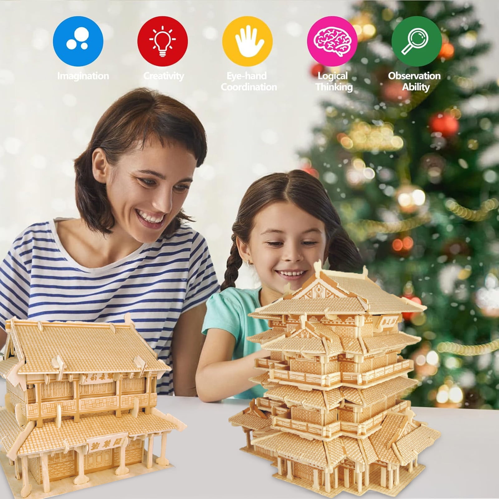 Sioweci 107Pcs/Set 3D Puzzle Building Model Kit Wooden Chinese Architecture Crafts Penglai ...