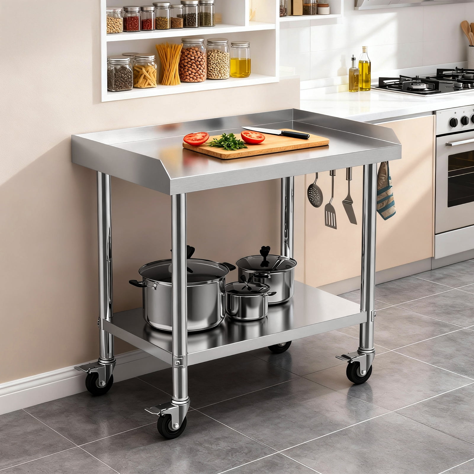 Sioweci 2-Tiers Stainless Steel Work Table with 3-Sided Baffle ...