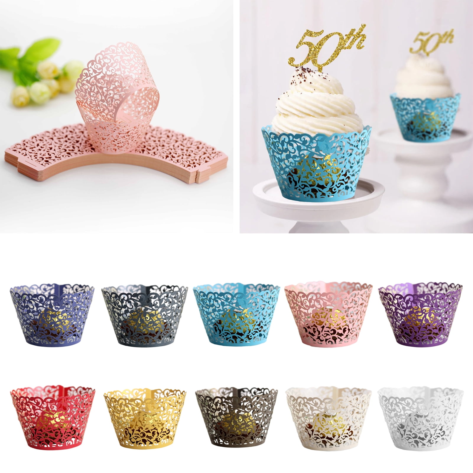 Sioweci 50Pcs Paper Cupcake Wrappers Lace Hollow Cut Easy Assemble Non ...