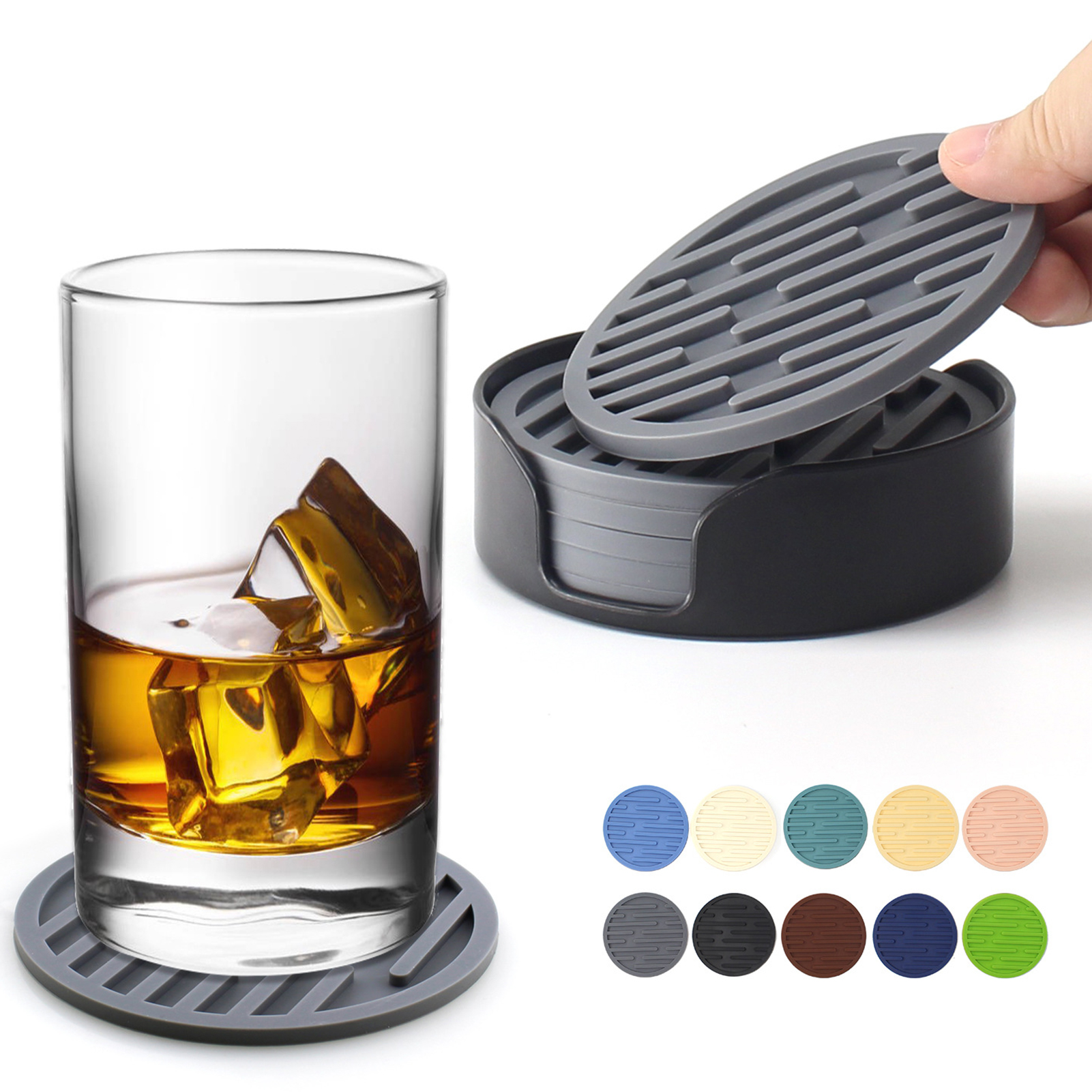 Sioweci 6Pcs Silicone Coasters Set with Holder Non Slip Cup Mat Drinks ...