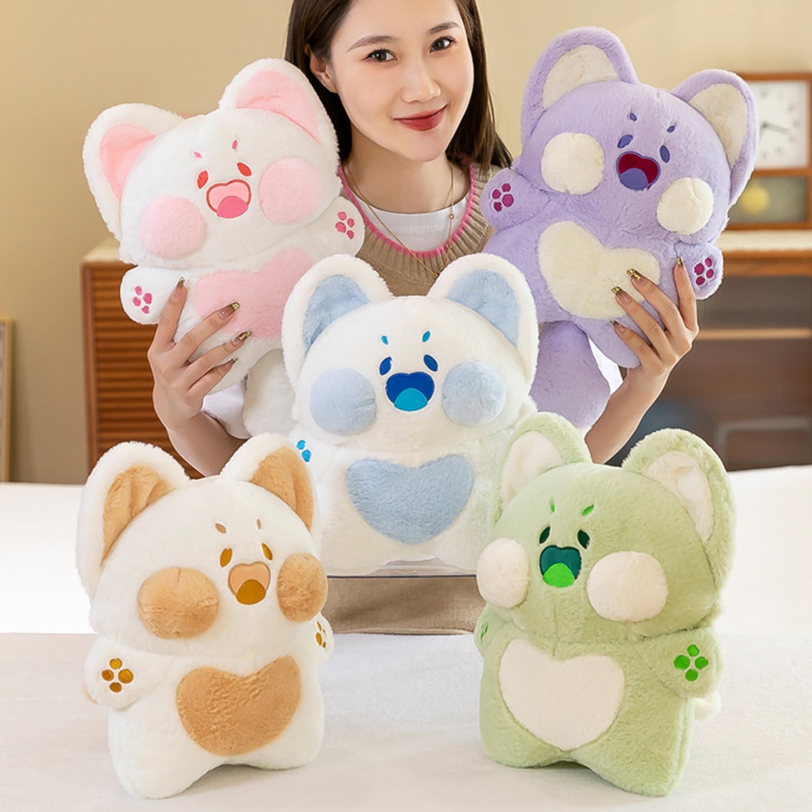 Sioweci Cat Plush Toy Cute Smiling Kitten Lovely Cartoon Doll Fluffy ...