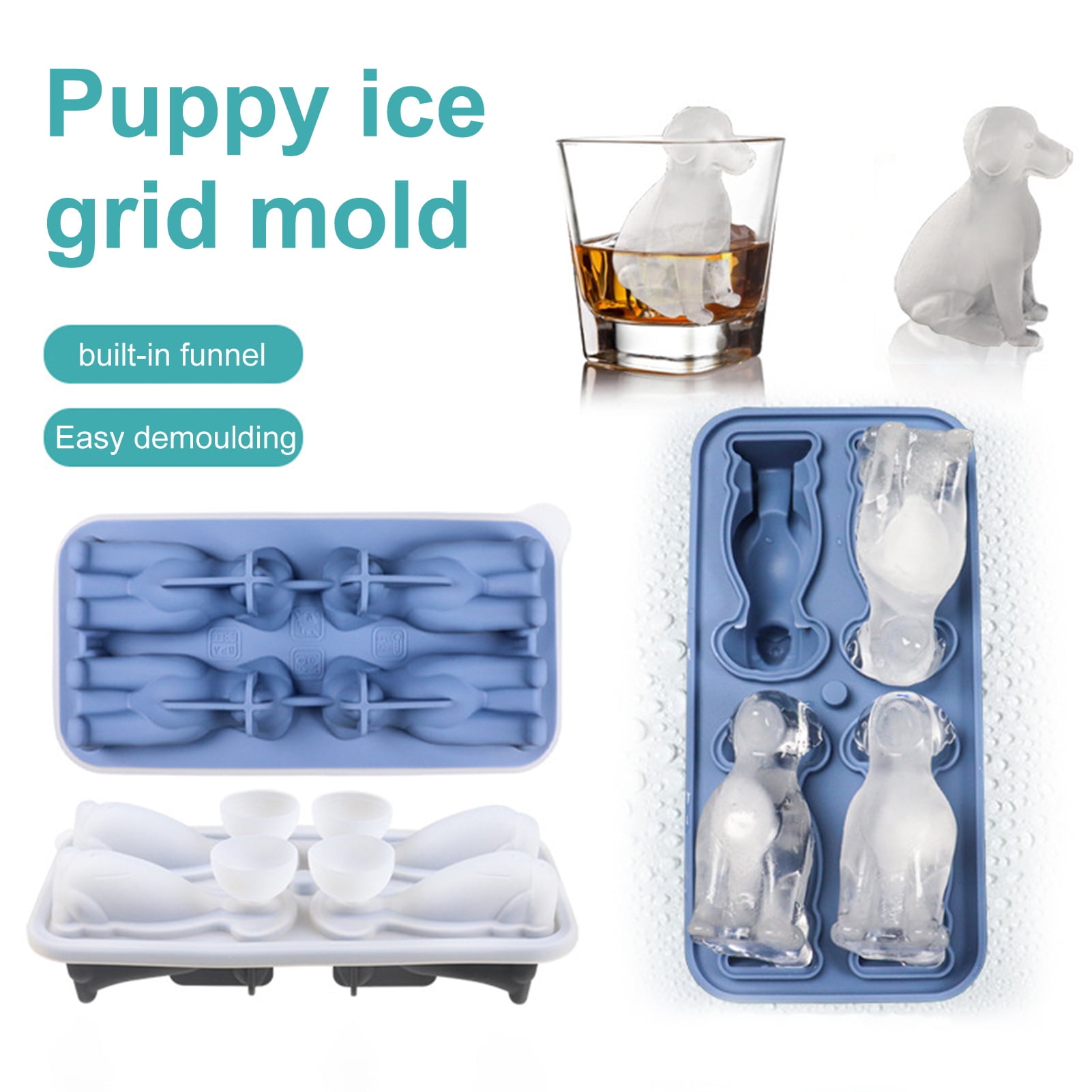 Sioweci Dog Silicone Ice Cube Tray with Funnel Lid 4 Cavities Food ...