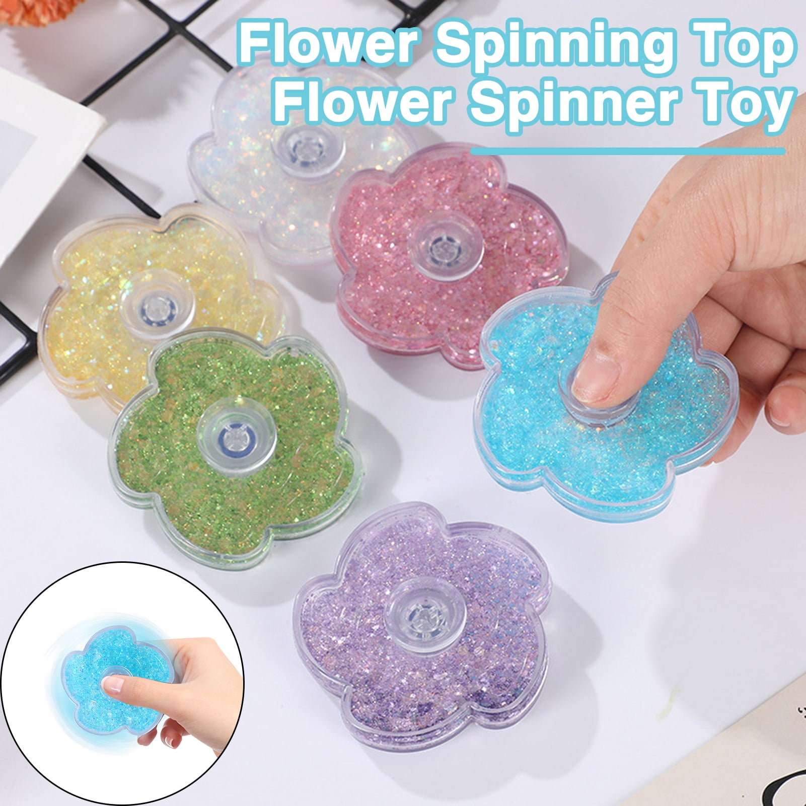 Sioweci Flower Spinning Top Fidget Toy Glitter Quicksand Filled Stress ...