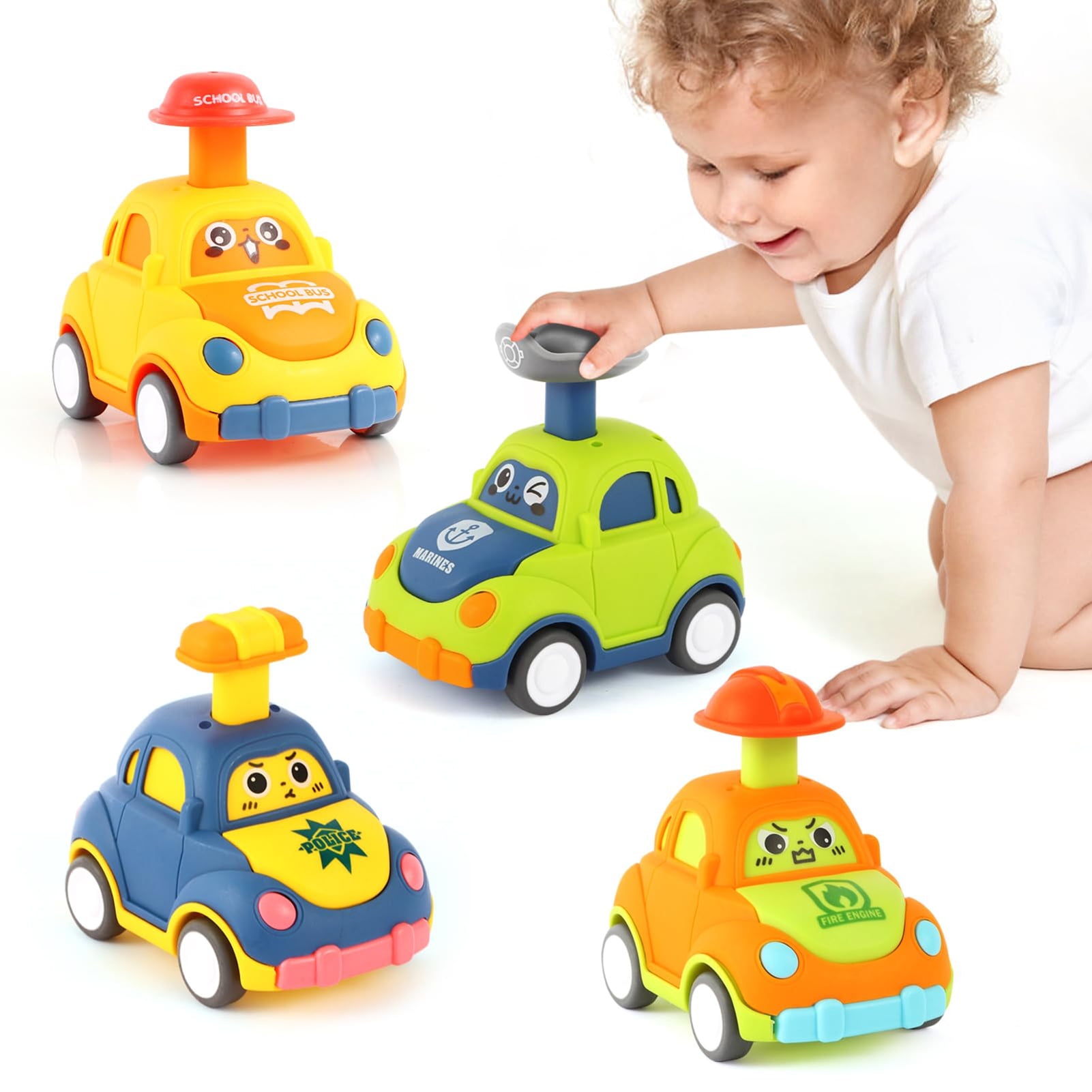 Sioweci Kids Cartoon Expression Car Toy Press Go Inertial Drive Pull ...