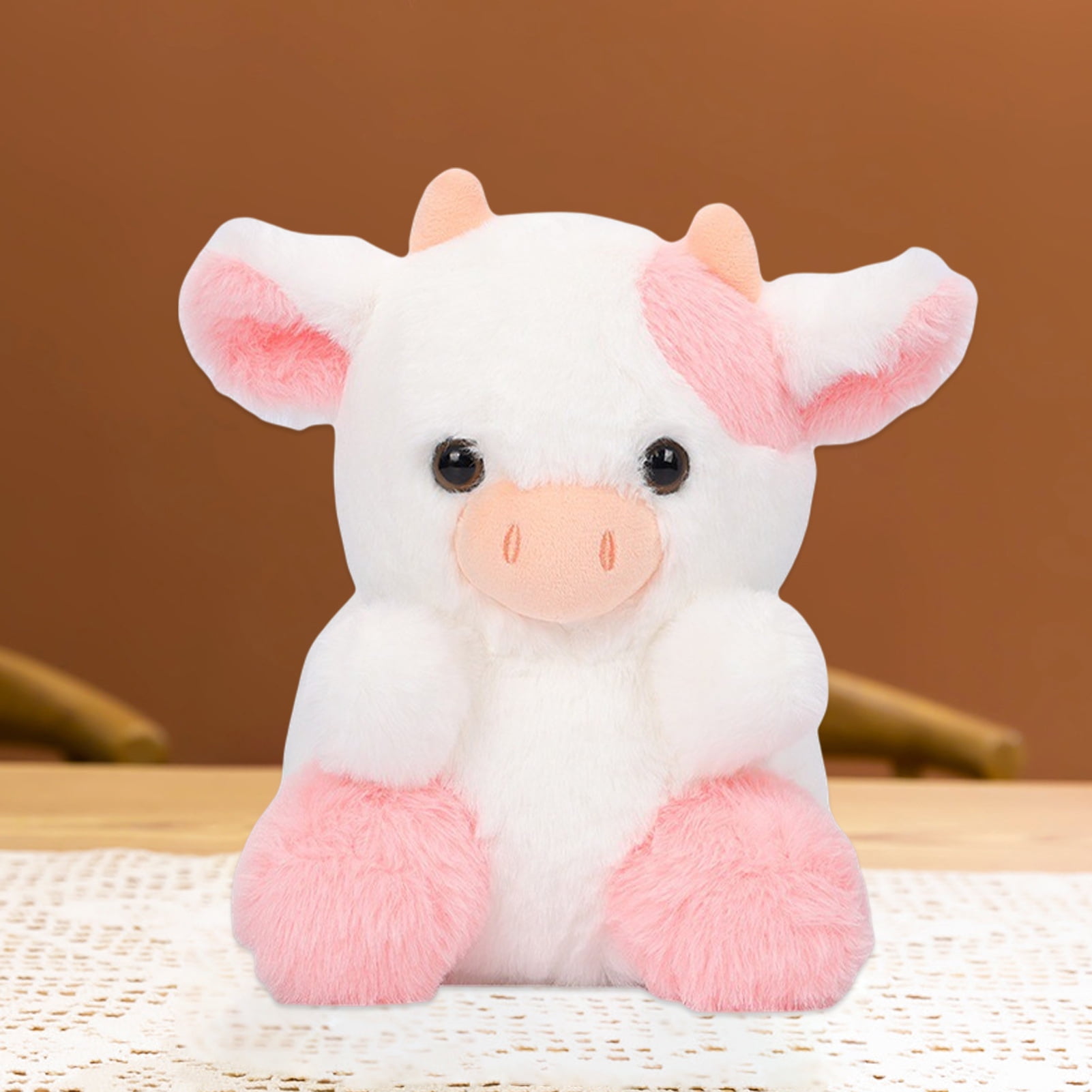 Sioweci Pink Cow Plush Doll Sitting 3D Eyes Embroidery Fuzzy Soft Kids ...