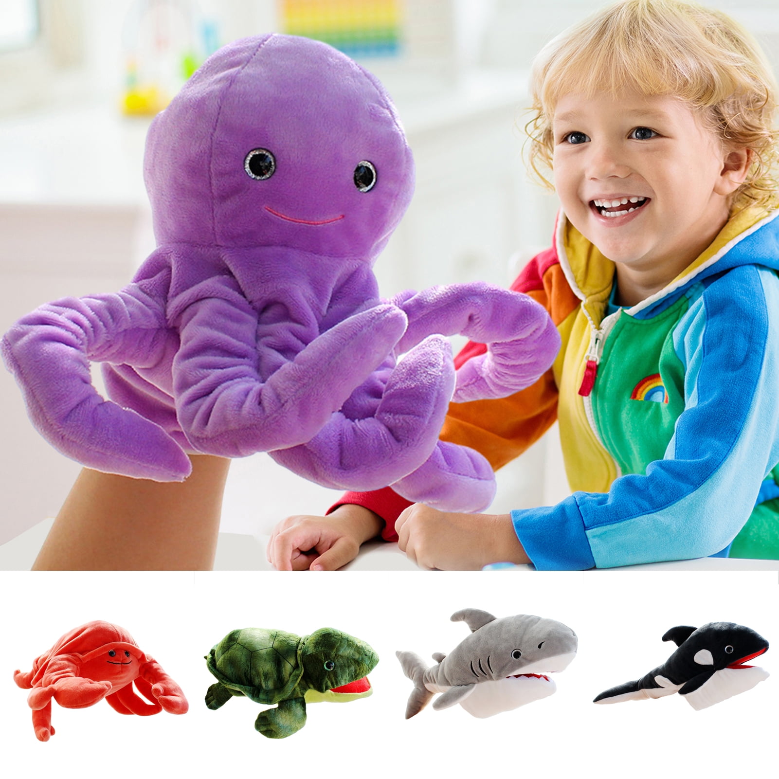 Sioweci Plush Sea Animal Hand Puppet Movable Mouth Shark Whale Turtle ...