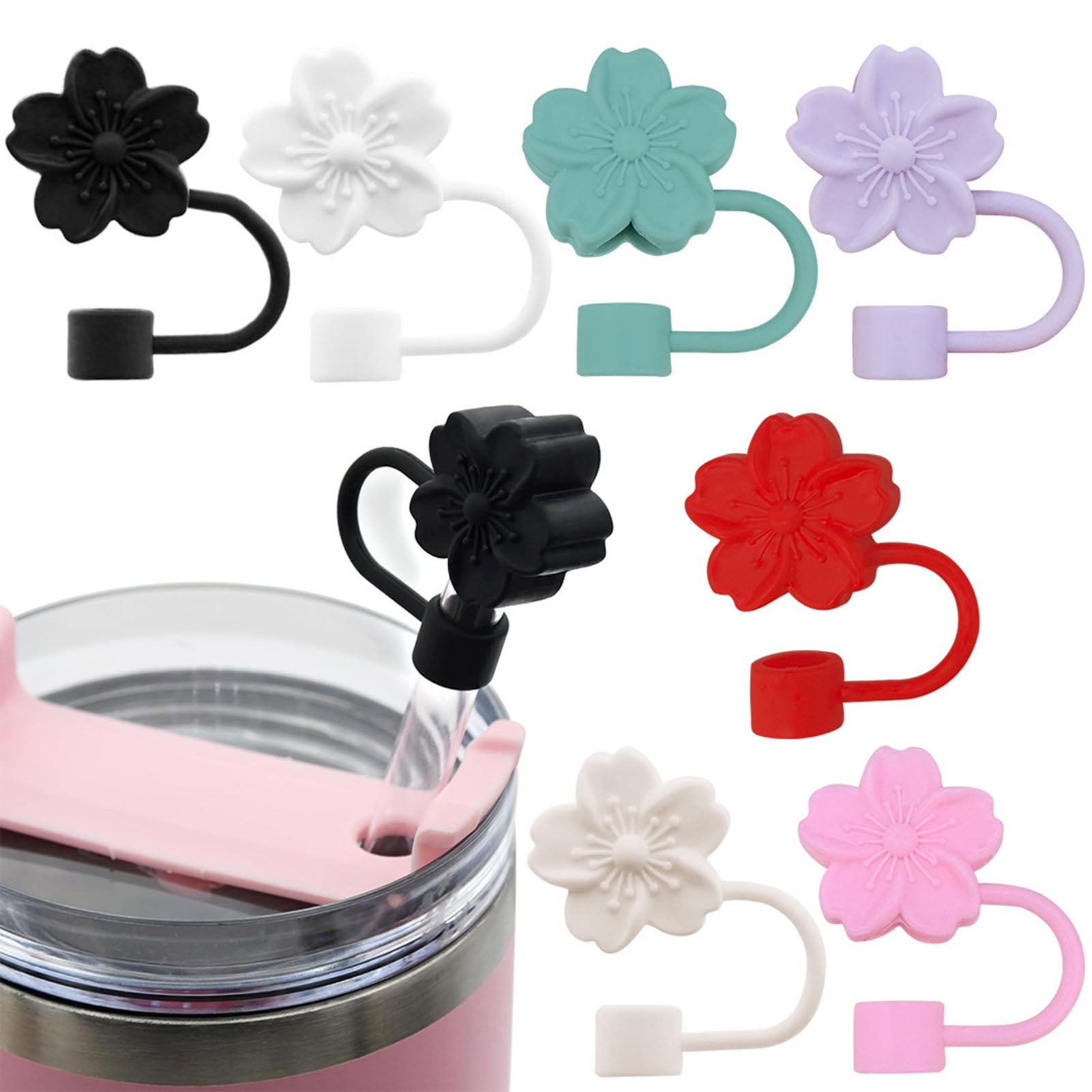Sioweci Silicone Straw Cover Cap 10mm Peach Blossom Pattern Straw ...