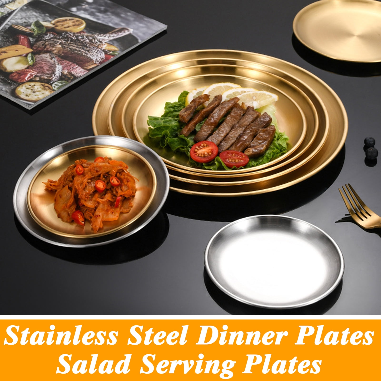 Sioweci Stainless Steel Dinner Plates Round Salad Serving Plate Easy to ...
