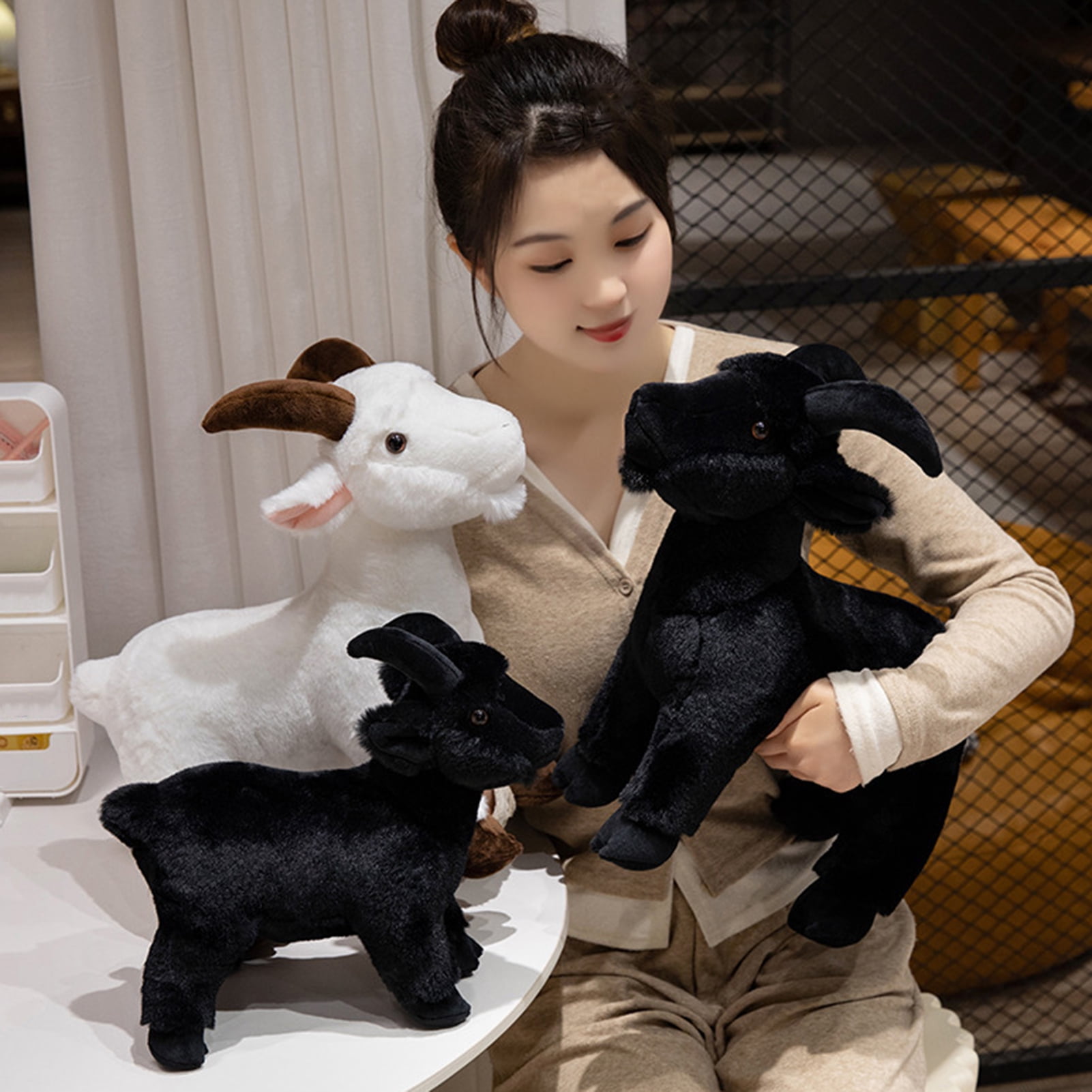 Sioweci Standing Goat Plush Toy Black White Goat Plushie Stuffed Animal ...