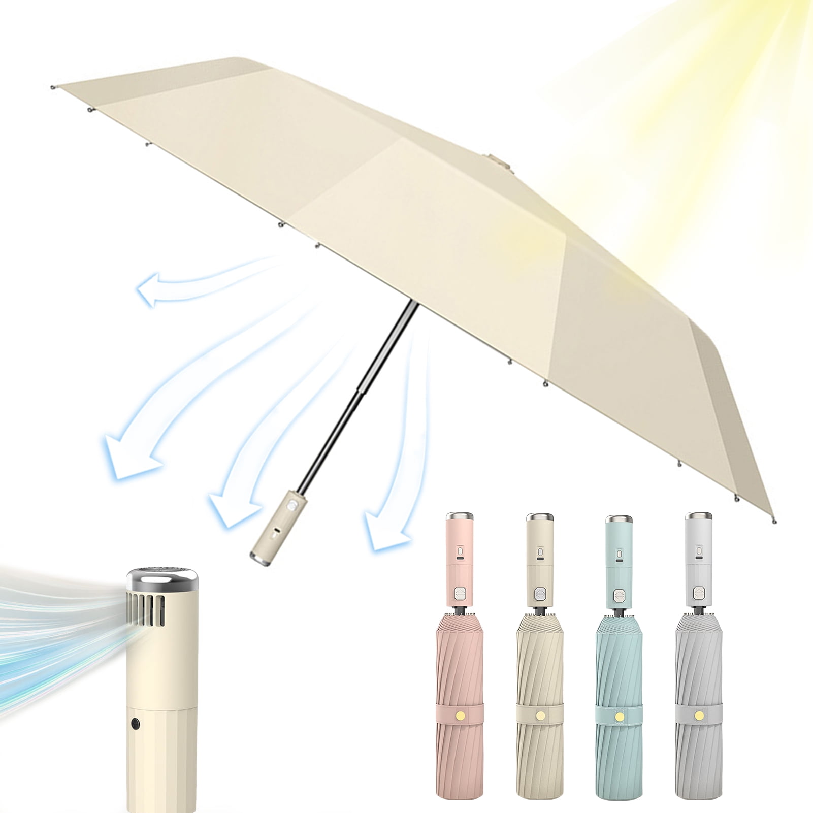 Sioweci Sun Umbrella with Fan 3 Levels Adjustable USB Rechargeable UV ...